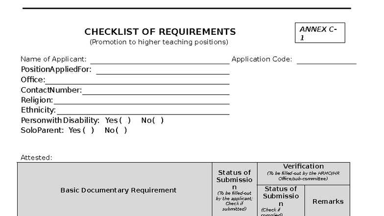Checklist of Requirements for Promotion to Higher Teaching Positions ...