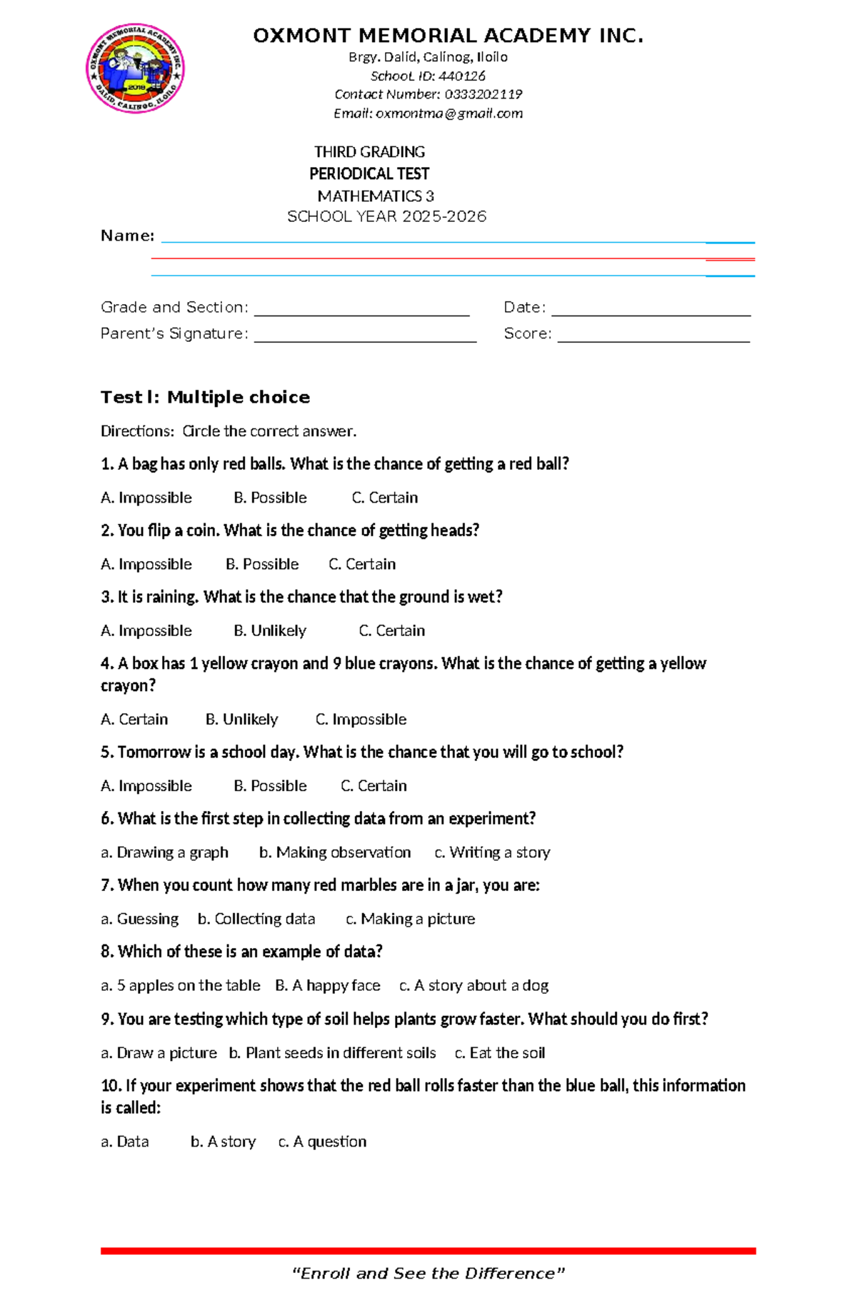 THIRD GRADING PERIODICAL TESTS FOR GRADE 3 (SY 2025-2026) - Studocu