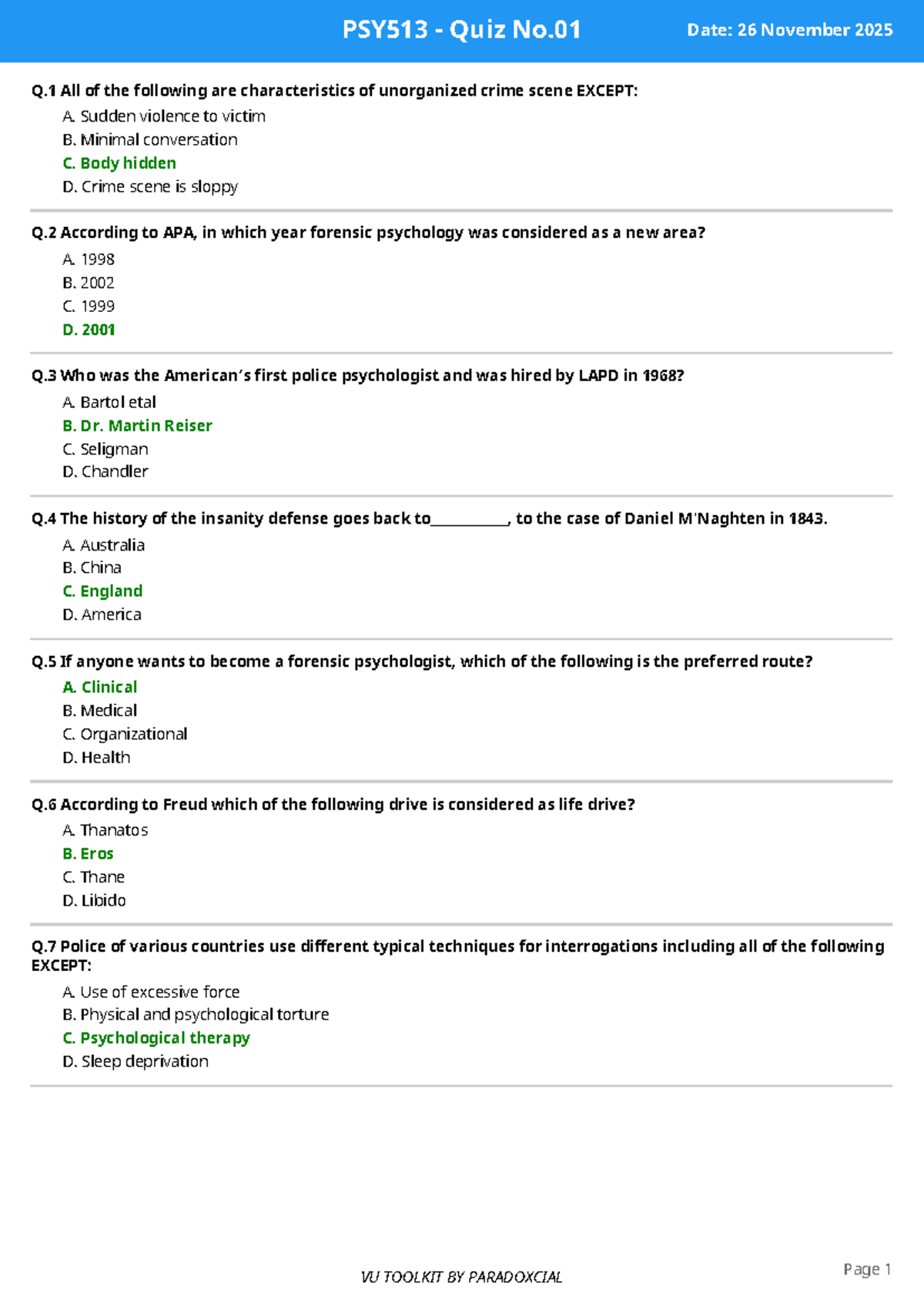 PSY513 Quiz No.01 - Forensic Psychology Concepts and Techniques - Studocu