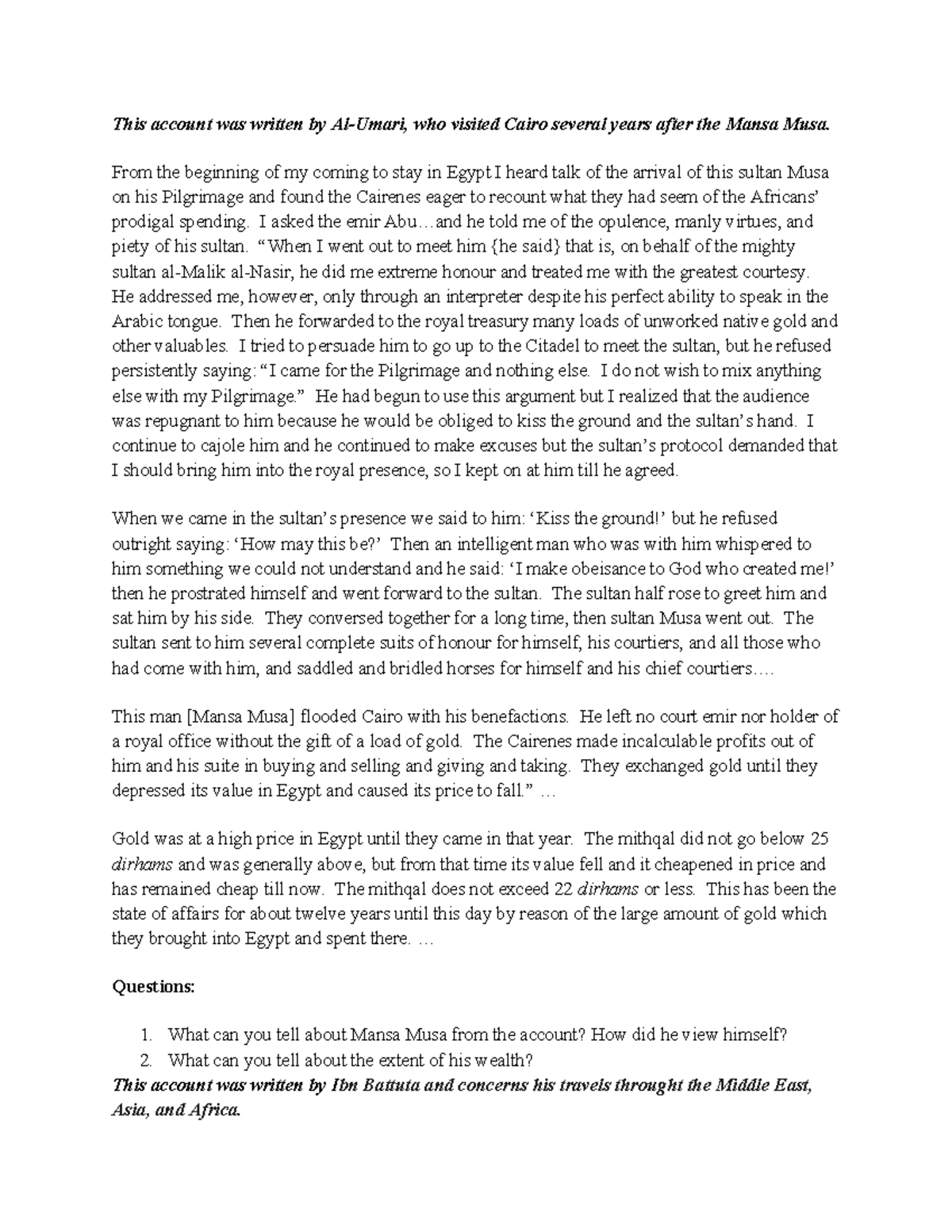 Ibn Battuta's Account of Mansa Musa's Pilgrimage and Wealth - Studocu