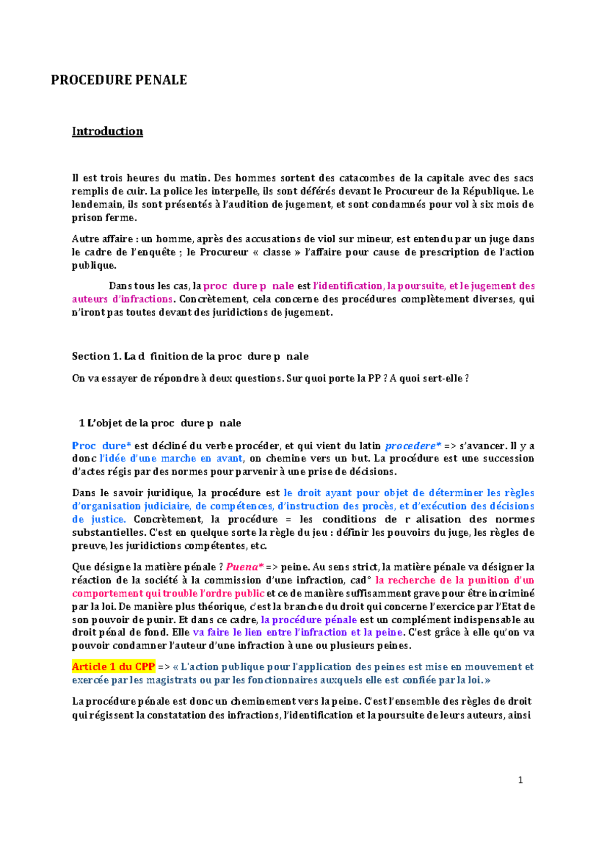 CM - Procédure Pénale : Cours Complet et Analyse des Acteurs - Studocu