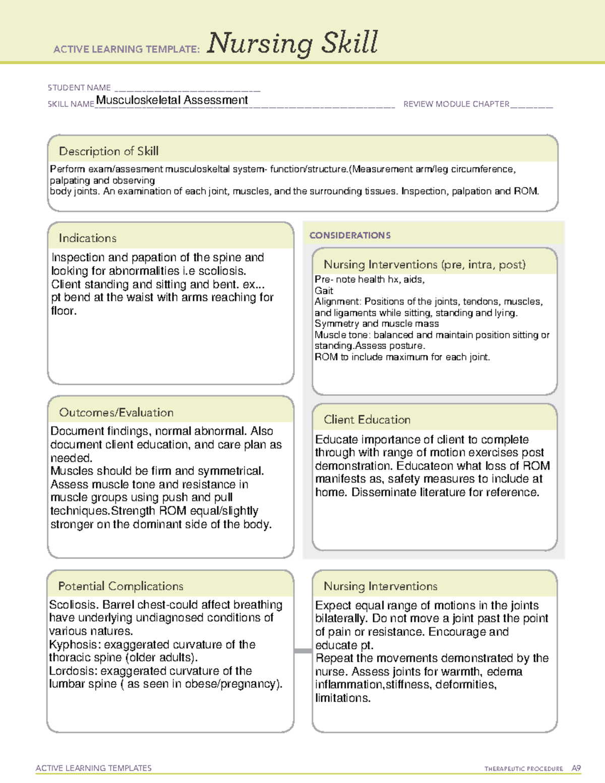 ALT SIM Musculoskeletal Assessment: Nursing Skill Template - Studocu