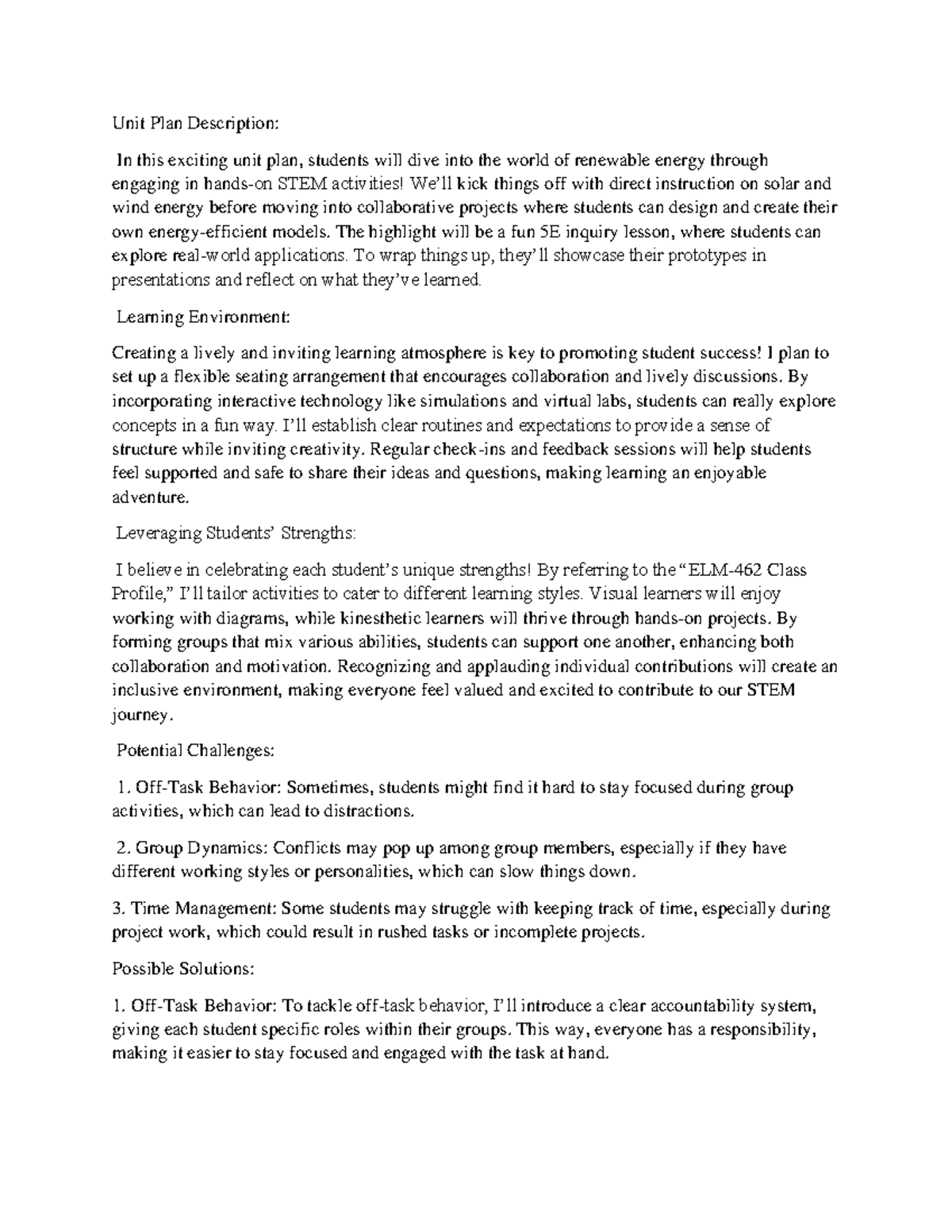 STEM Unit Plan: Renewable Energy Challenges & Solutions (ELM-462) - Studocu