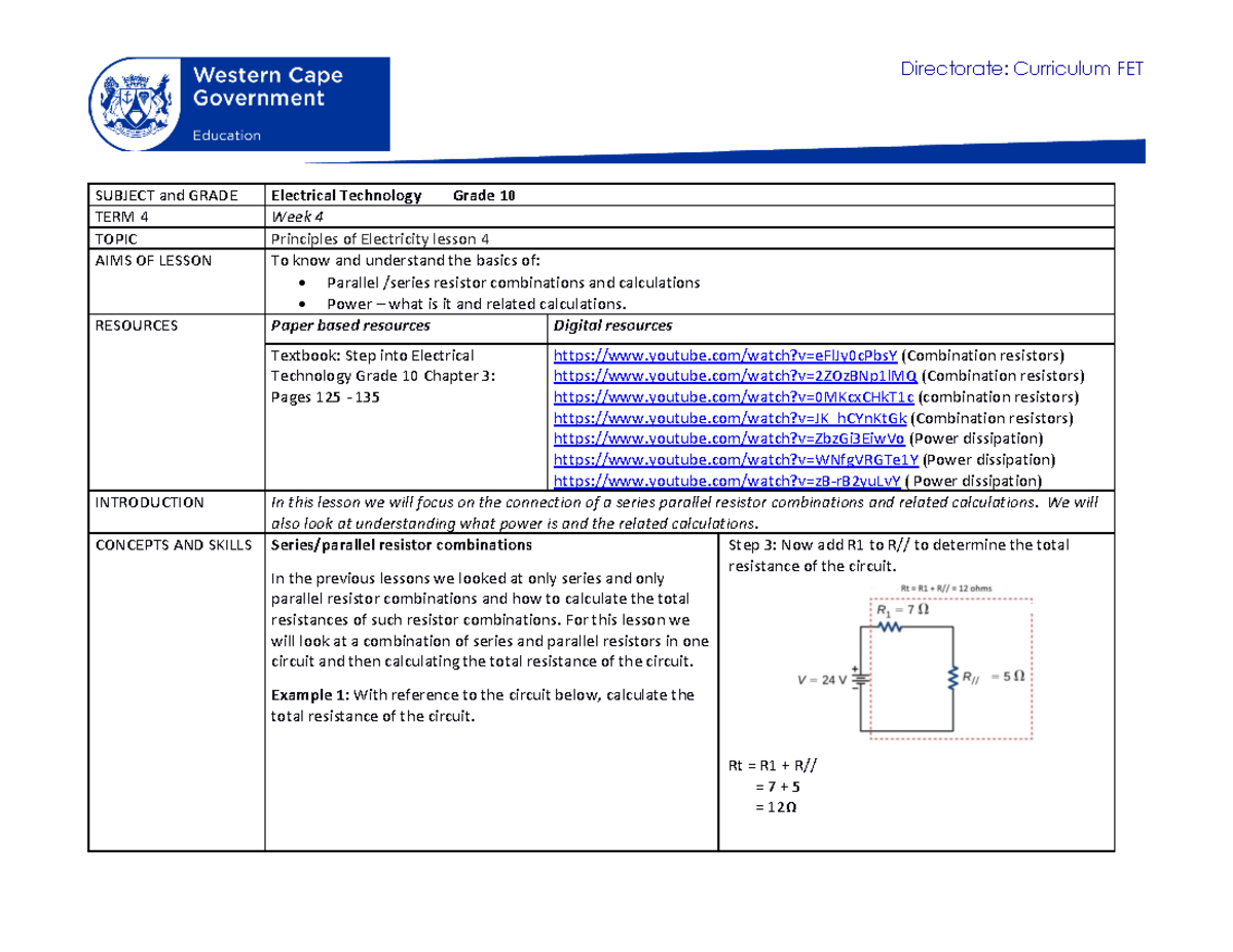 Electrical Technology Grade 10 Term 4 Week 4: Resistor Combinations ...
