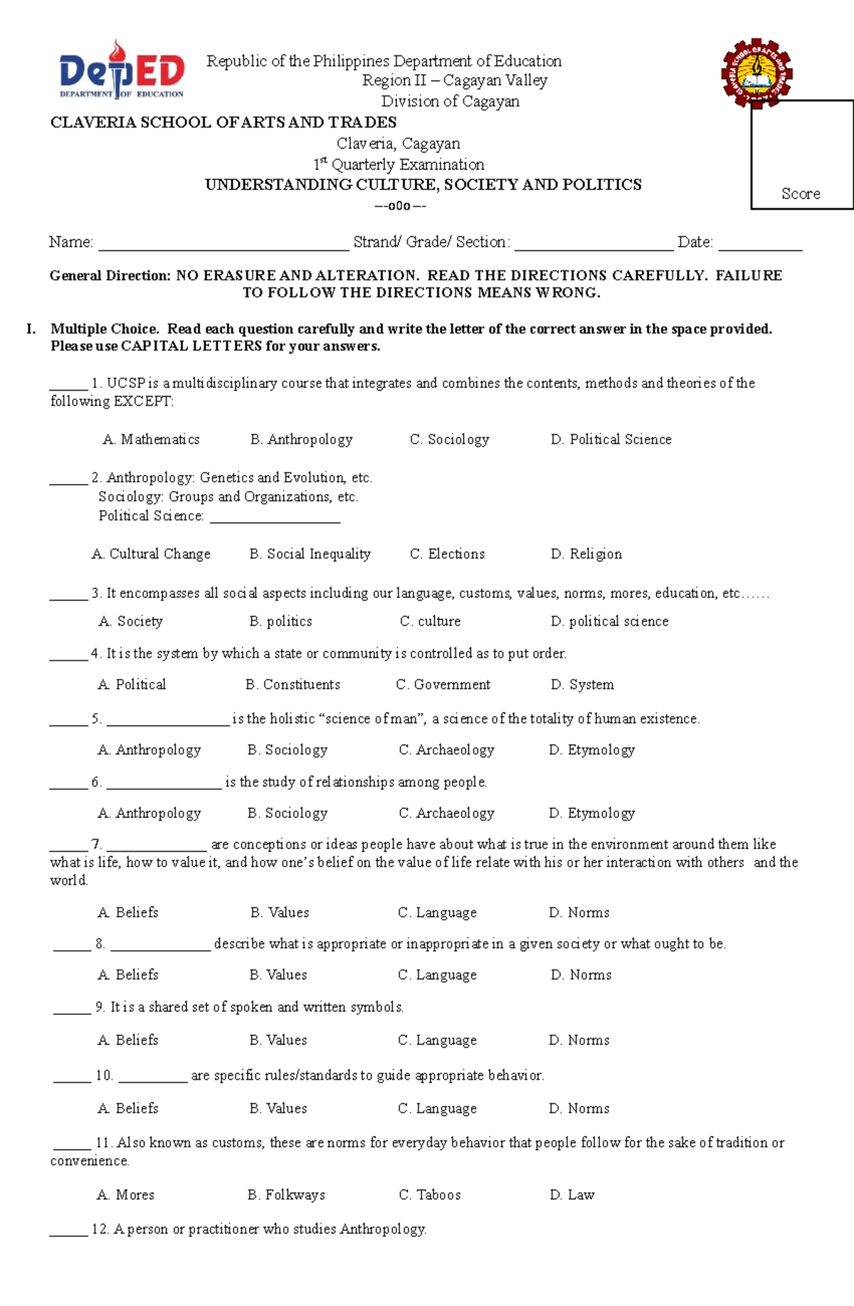 UCSP 1st Quarter Exam - Final Assessment on Culture, Society, and ...