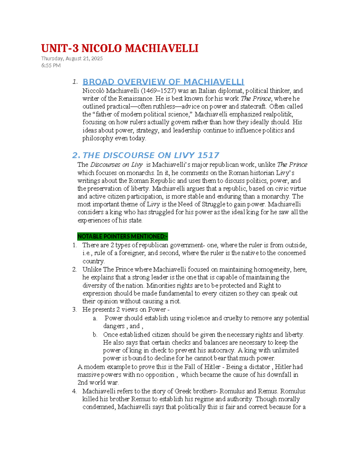 WPP 1 - Overview and Analysis of Niccolò Machiavelli's Works - Studocu