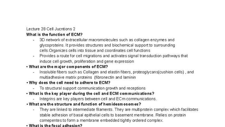 Exam 3 Review Part 1: Cell Junctions, ECM, and Cytoskeleton Functions ...