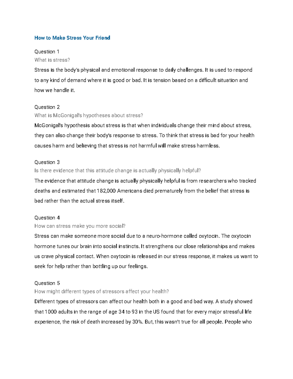 Unit 6 Lab - Psychology, got a 100 - How to Make Stress Your Friend ...