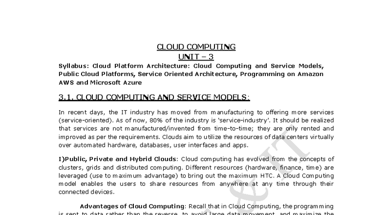 CLOUD COMPUTING UNIT 3: Cloud Platform Architecture & Service Models - Studocu