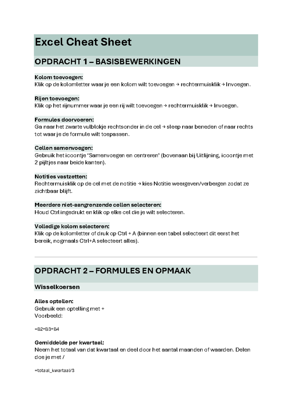 Excel Cheat Sheet OPDRACHT 1-6: Basisbewerkingen en Formules - Studocu