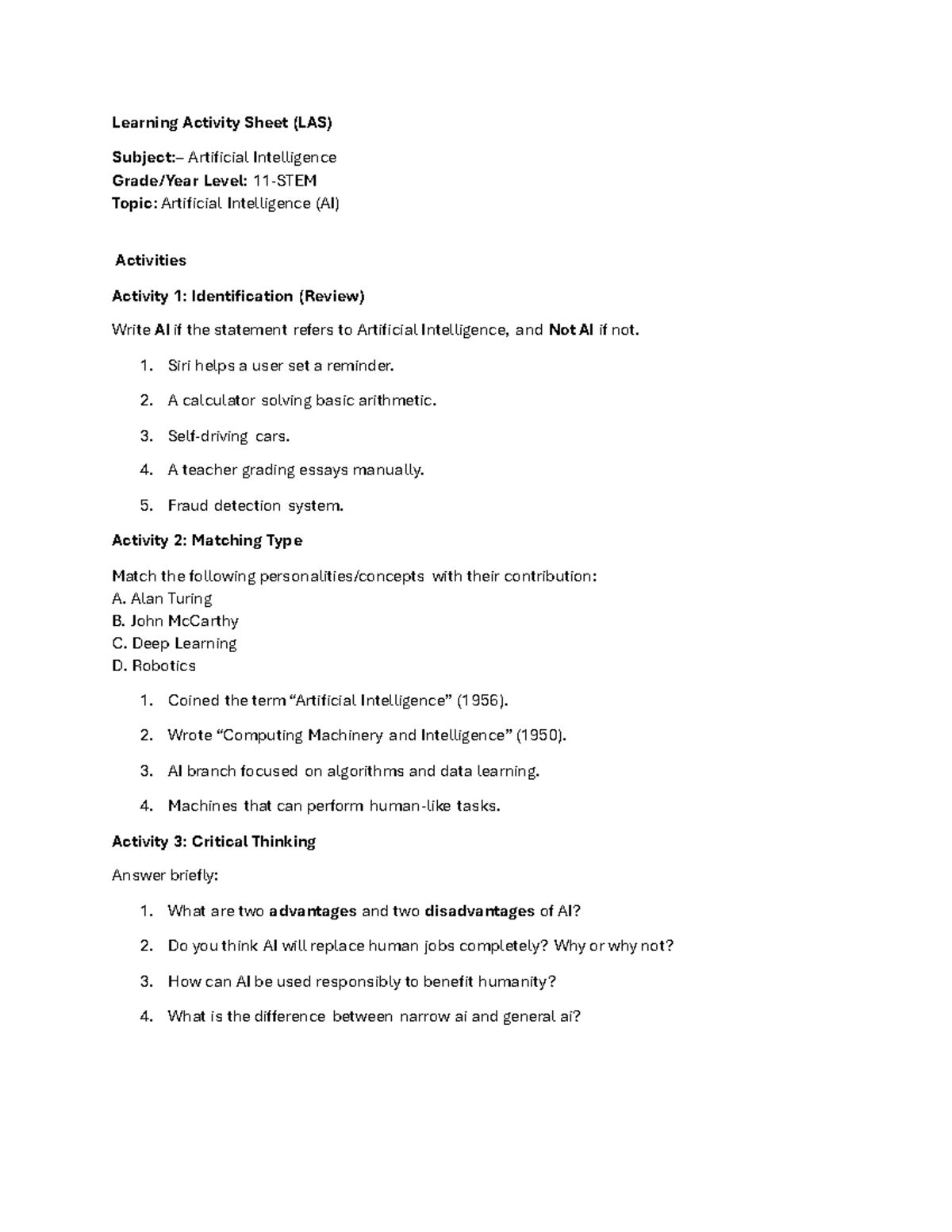 Learning Activity Sheet (LAS) on Artificial Intelligence Activities ...