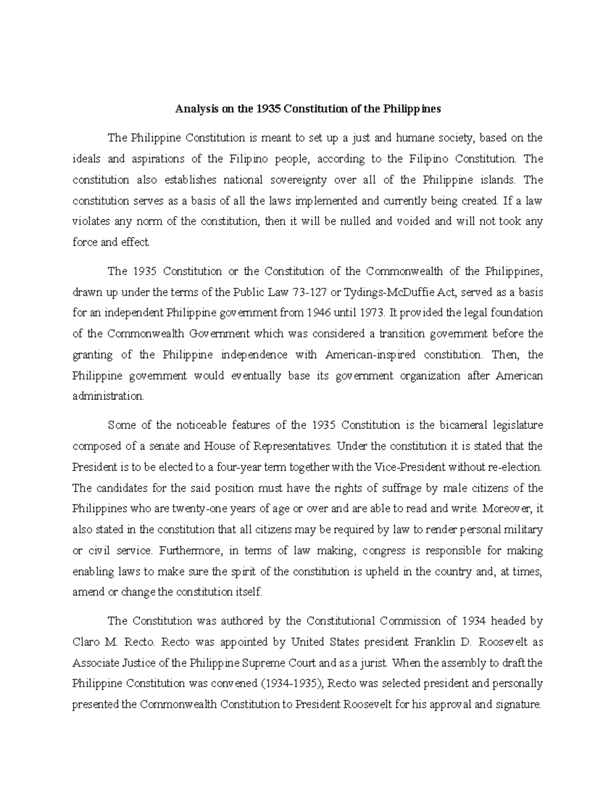 1935 Constitution of the Philippines Lecture - Analysis on the 1935 ...