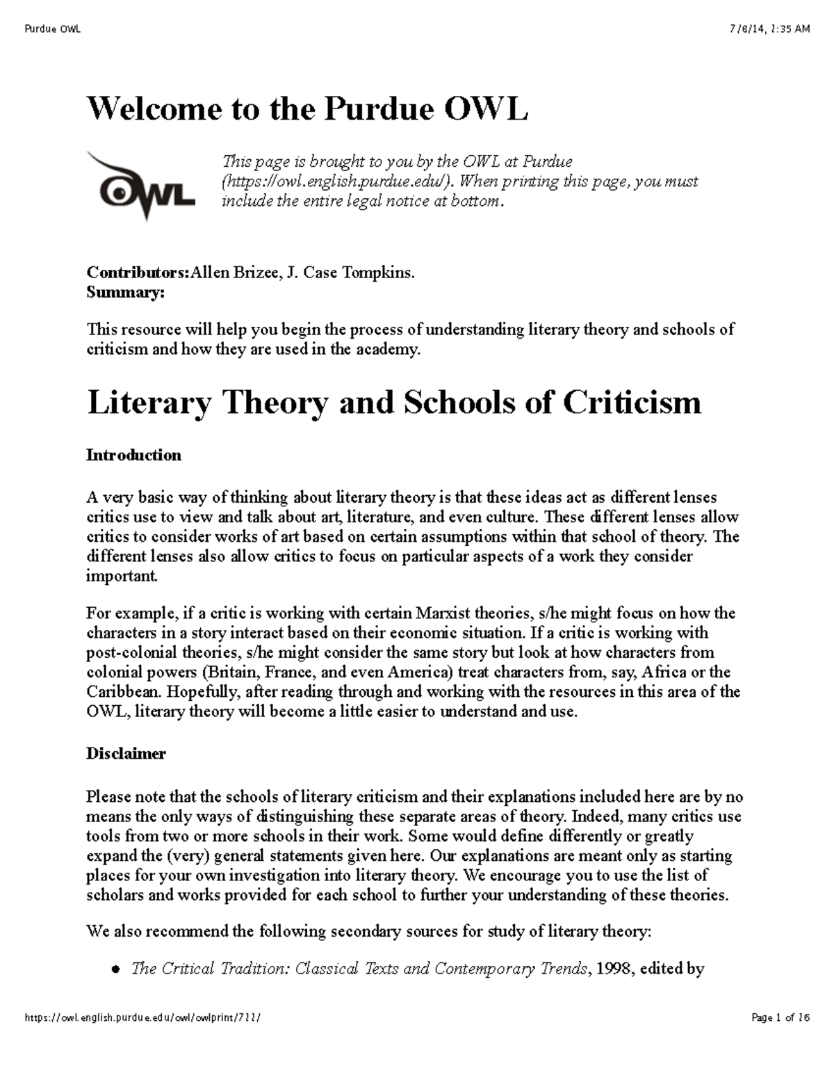 Purdue OWL: Understanding Literary Theory and Criticism Schools - Studocu