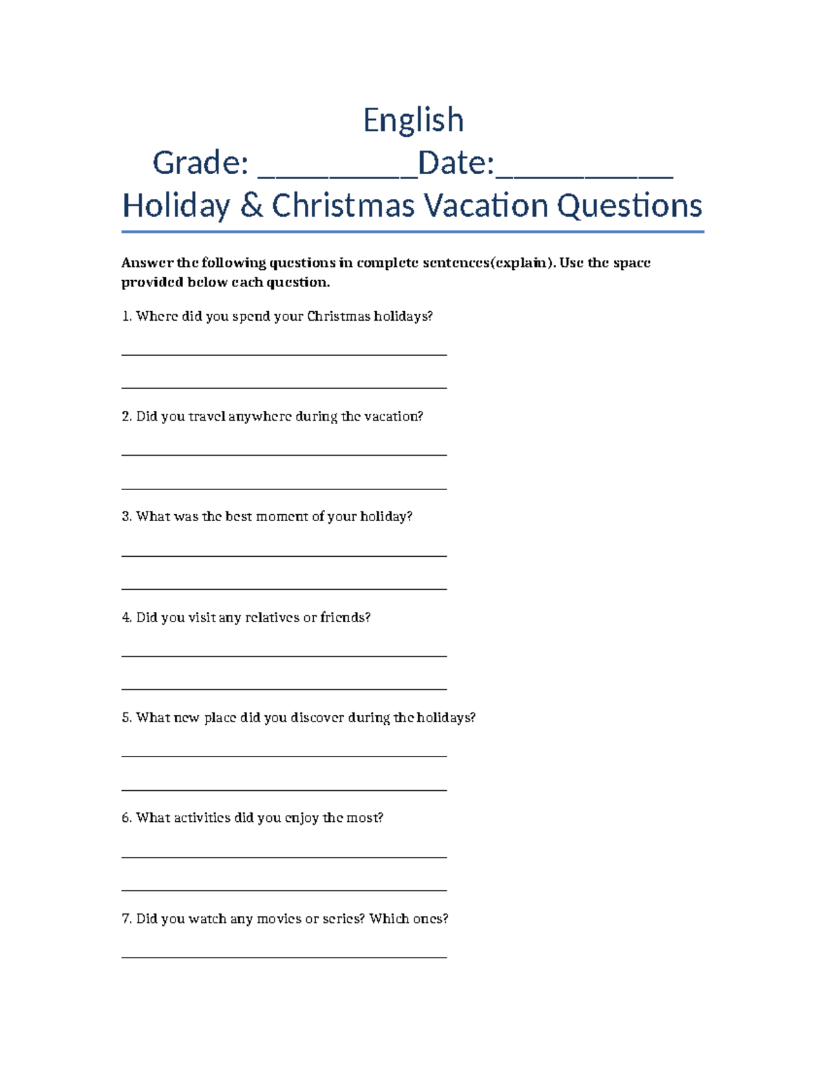 English Grade: Christmas Holiday Questions Worksheet 2026 - Studocu