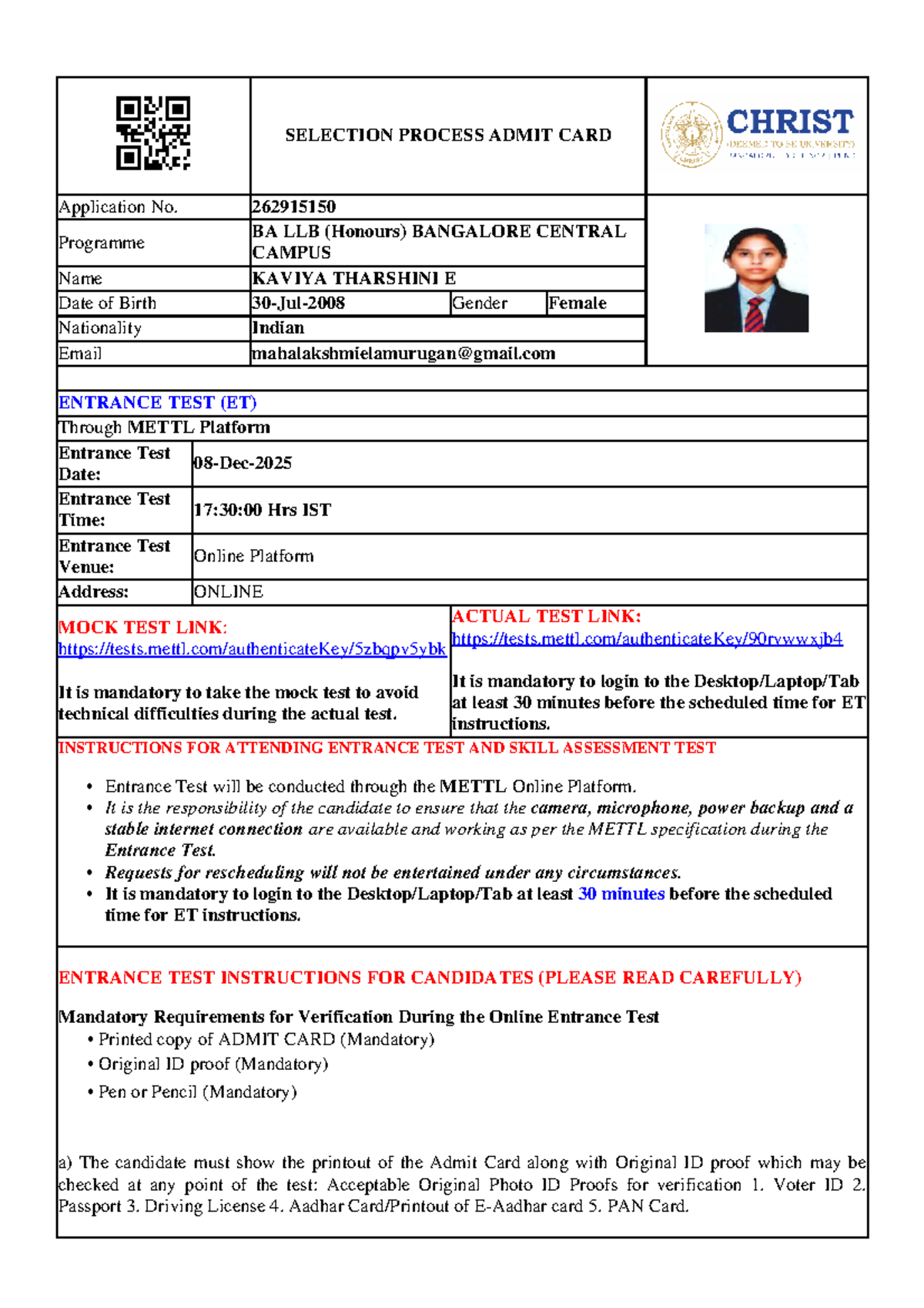 BA LLB (Hons) Entrance Test Admit Card & Selection Process Instructions ...