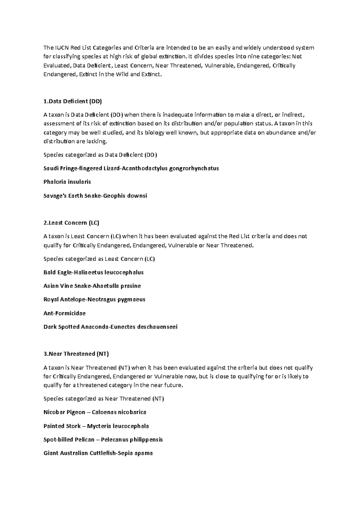 IUCN Red List Categories & Examples: Species Risk Assessment - Studocu