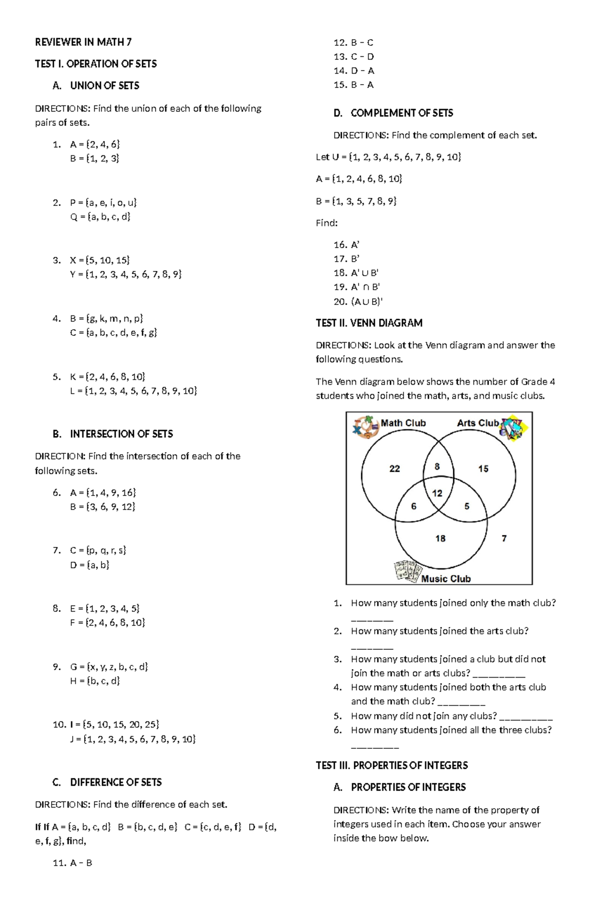 Math 7 Reviewer: Operations on Sets & Properties of Integers - Studocu