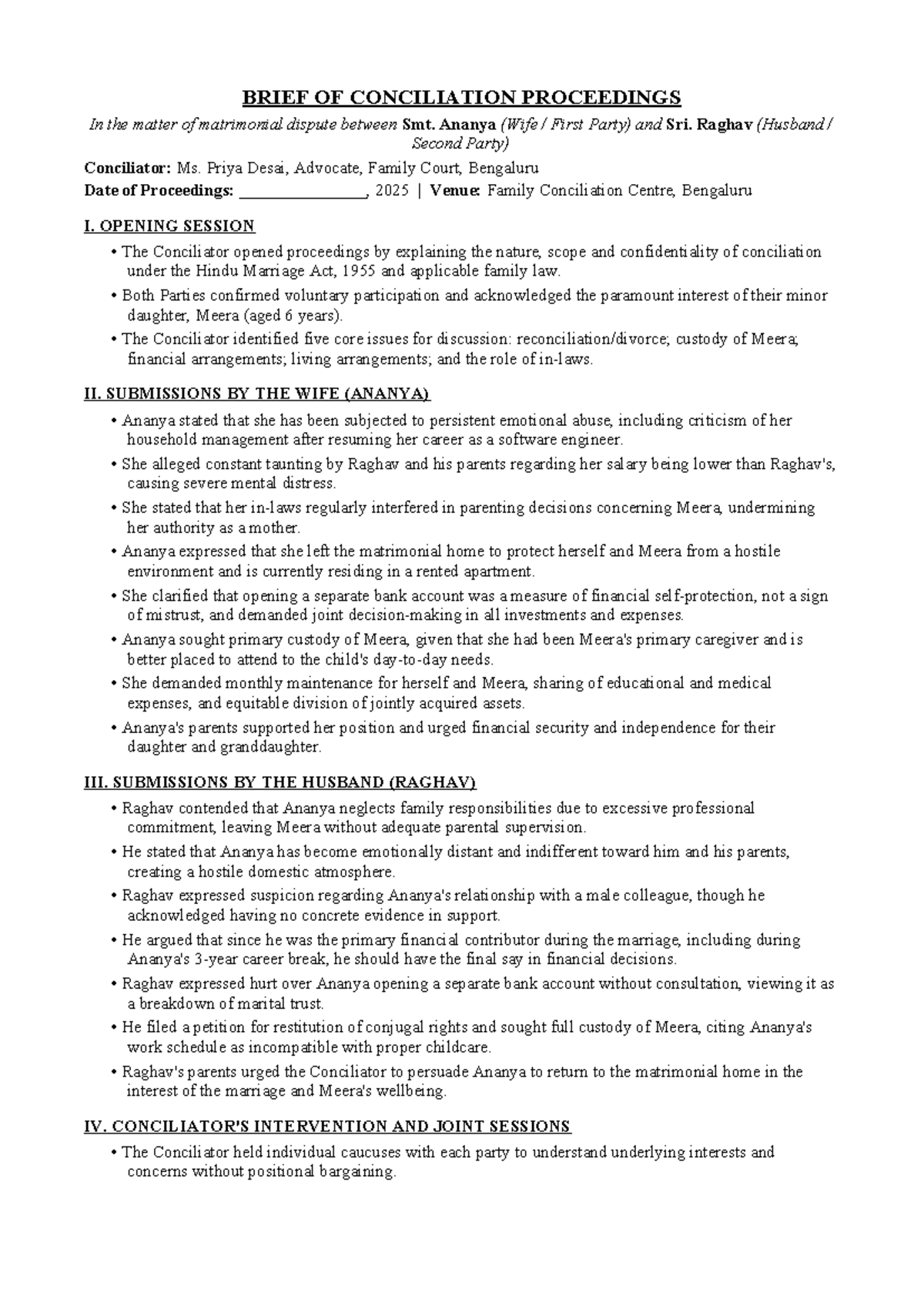 Conciliation Proceedings Summary: Ananya vs. Raghav (2025) - Studocu