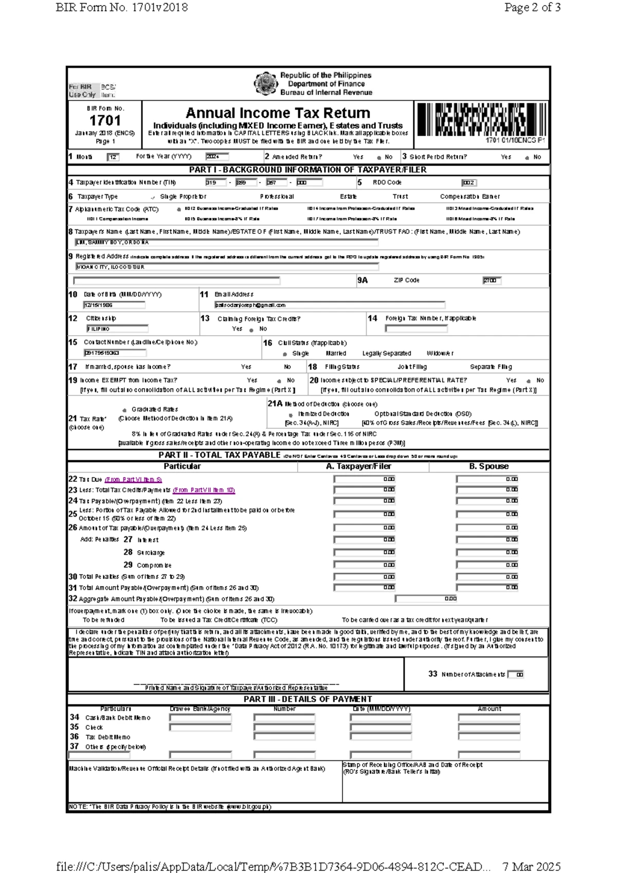 BIR Form 1701v2018 Annual Income Tax Return for Individuals and Trusts ...