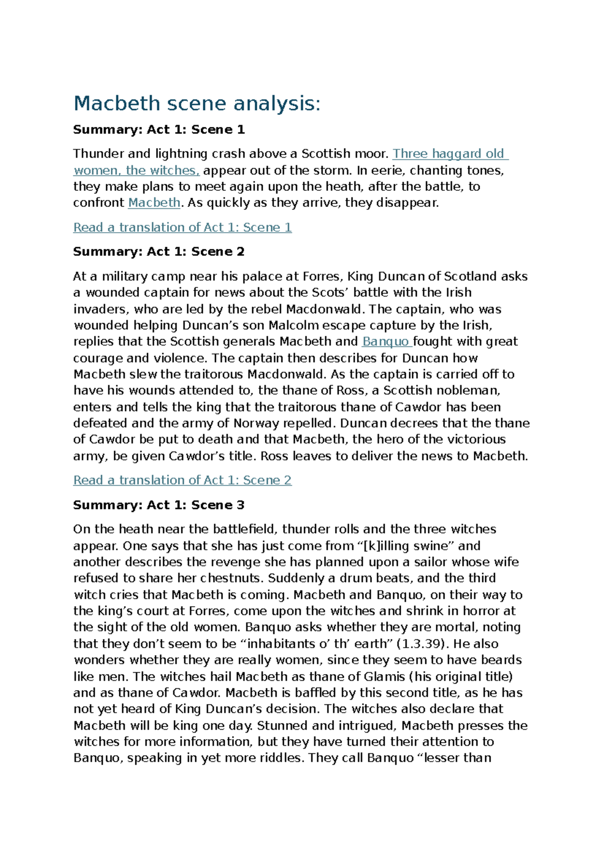 Macbeth (ENG 101): Scene Analysis and Summary of Act 1 to Act 4 - Studocu