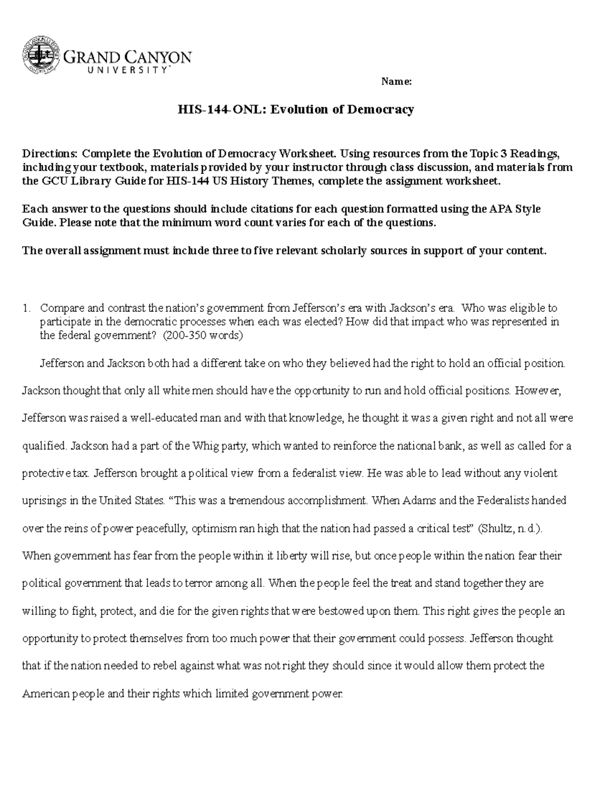 HIS-144 Evolution of Democracy - Name: HIS-144-ONL: Evolution of ...