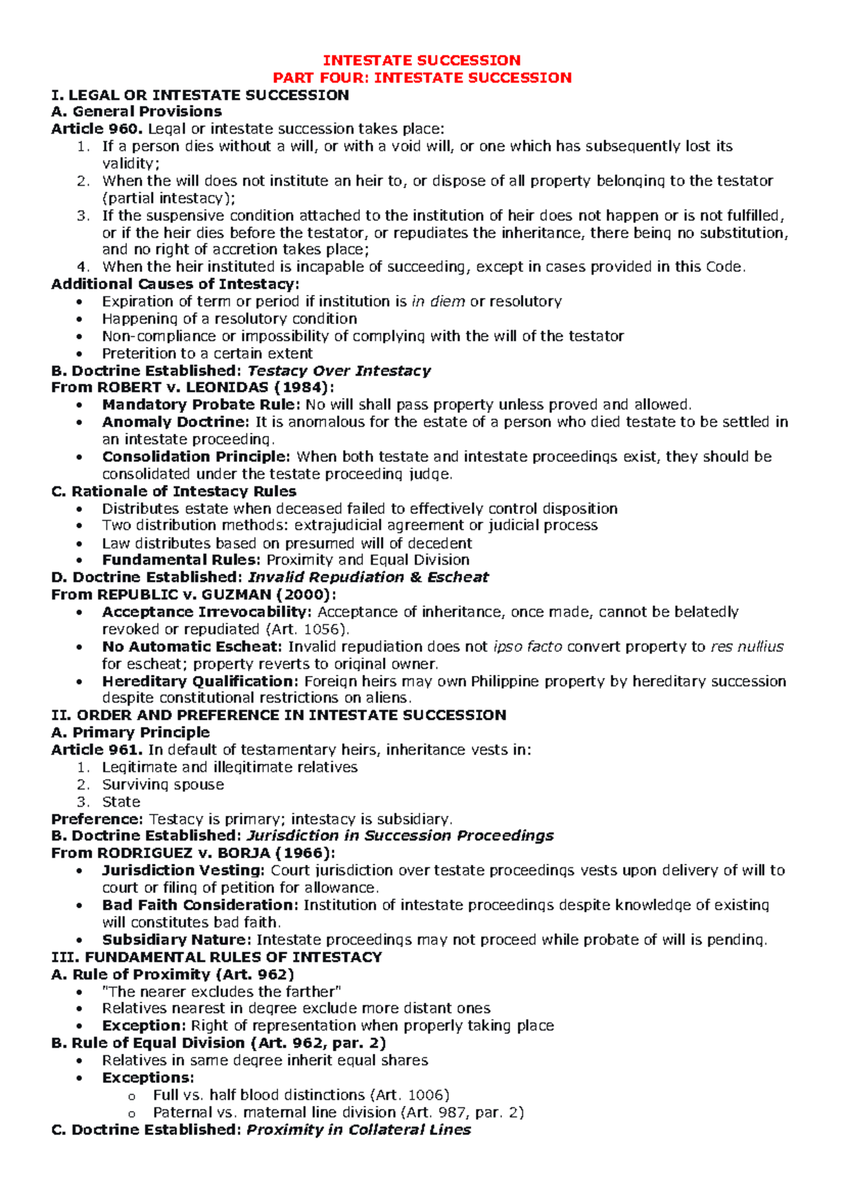 Notes Mison: Intestate Succession Overview and Key Doctrines - Studocu