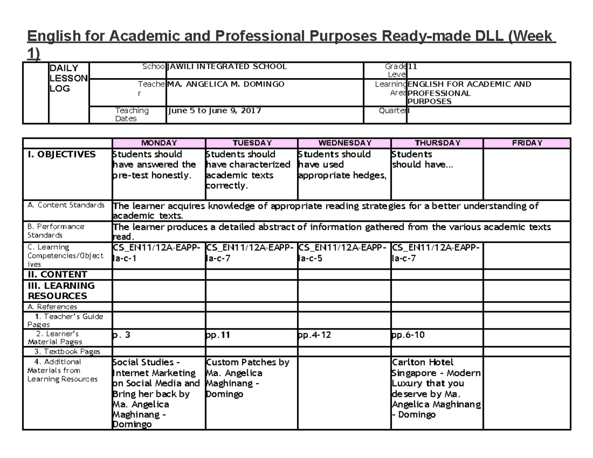 EAPP Grade 11 Week 1 Daily Lesson Log (DLL) - Academic English - Studocu