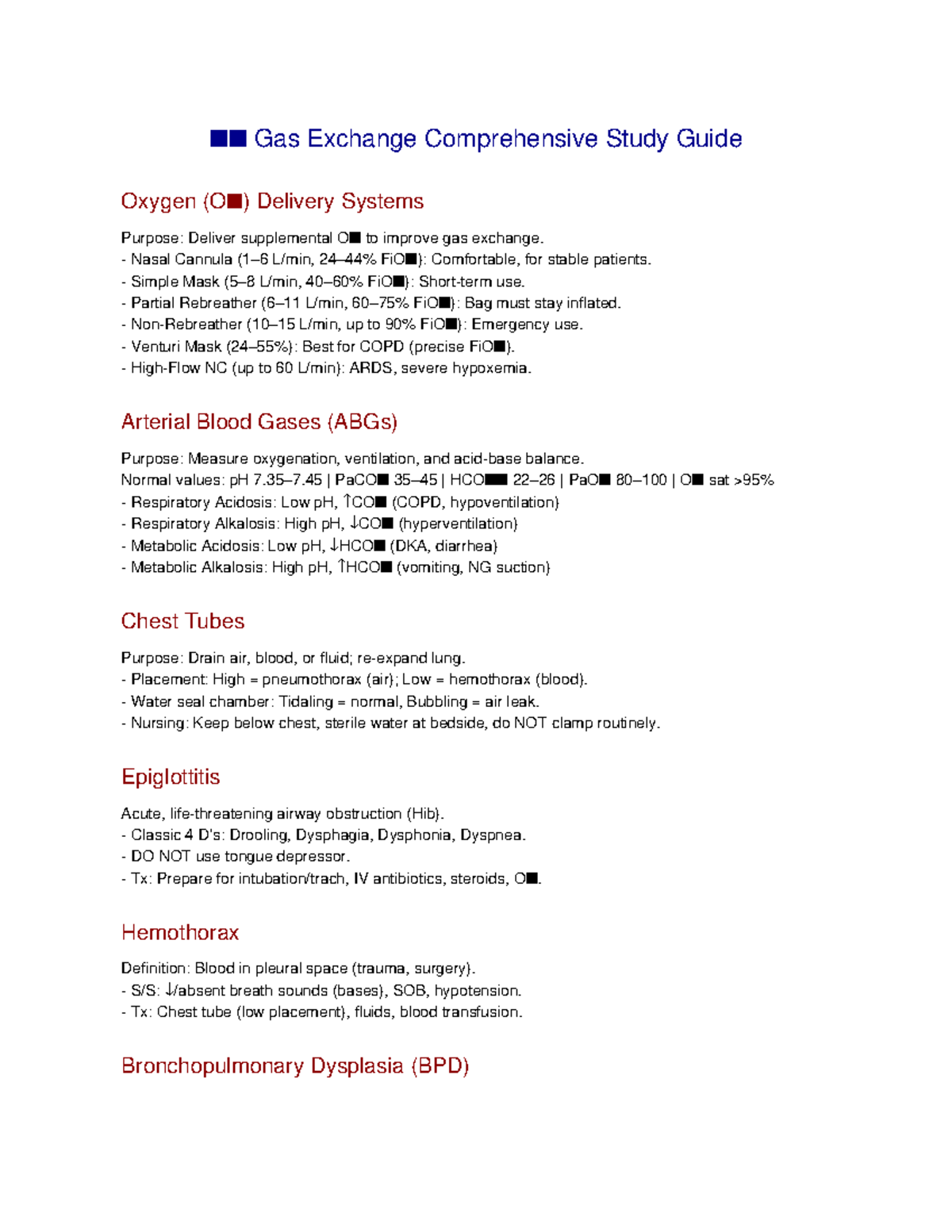 Gas Exchange Study Guide: Oxygen Delivery & Ventilation Techniques - Studocu