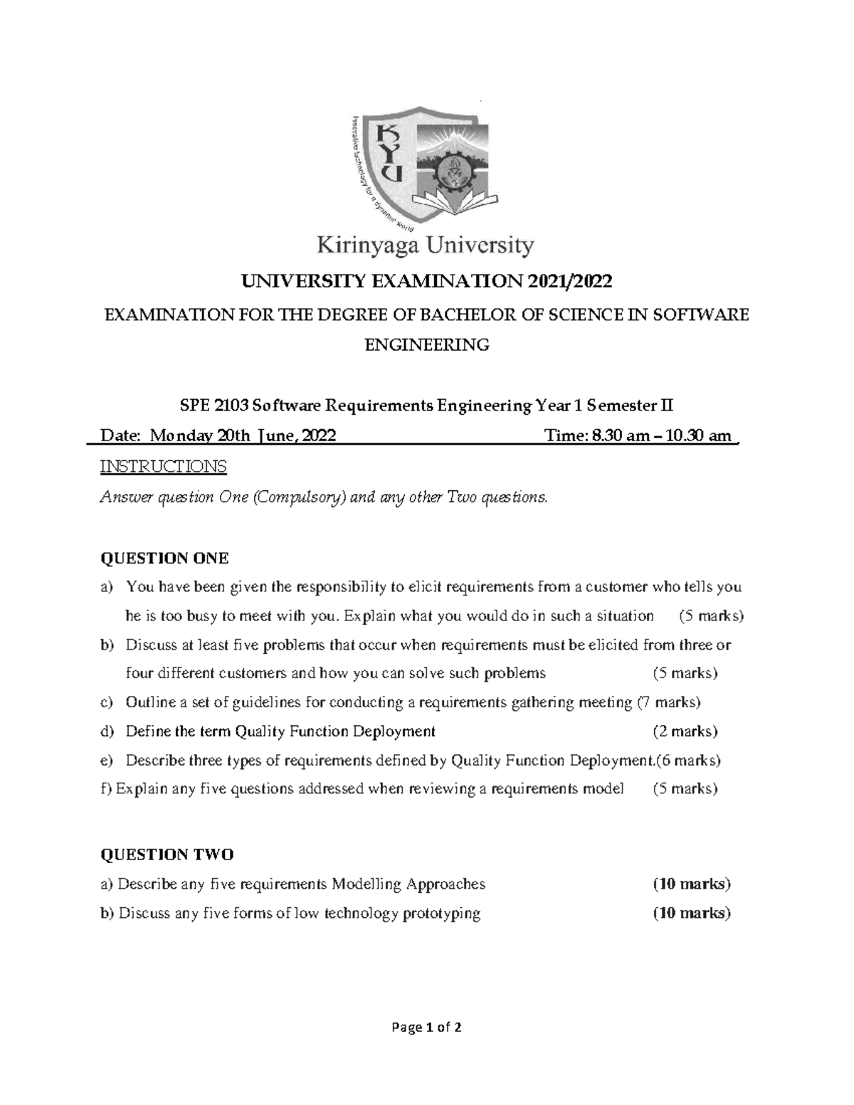 SPE 2103 Software Requirements Engineering Year 1 Semester II ...