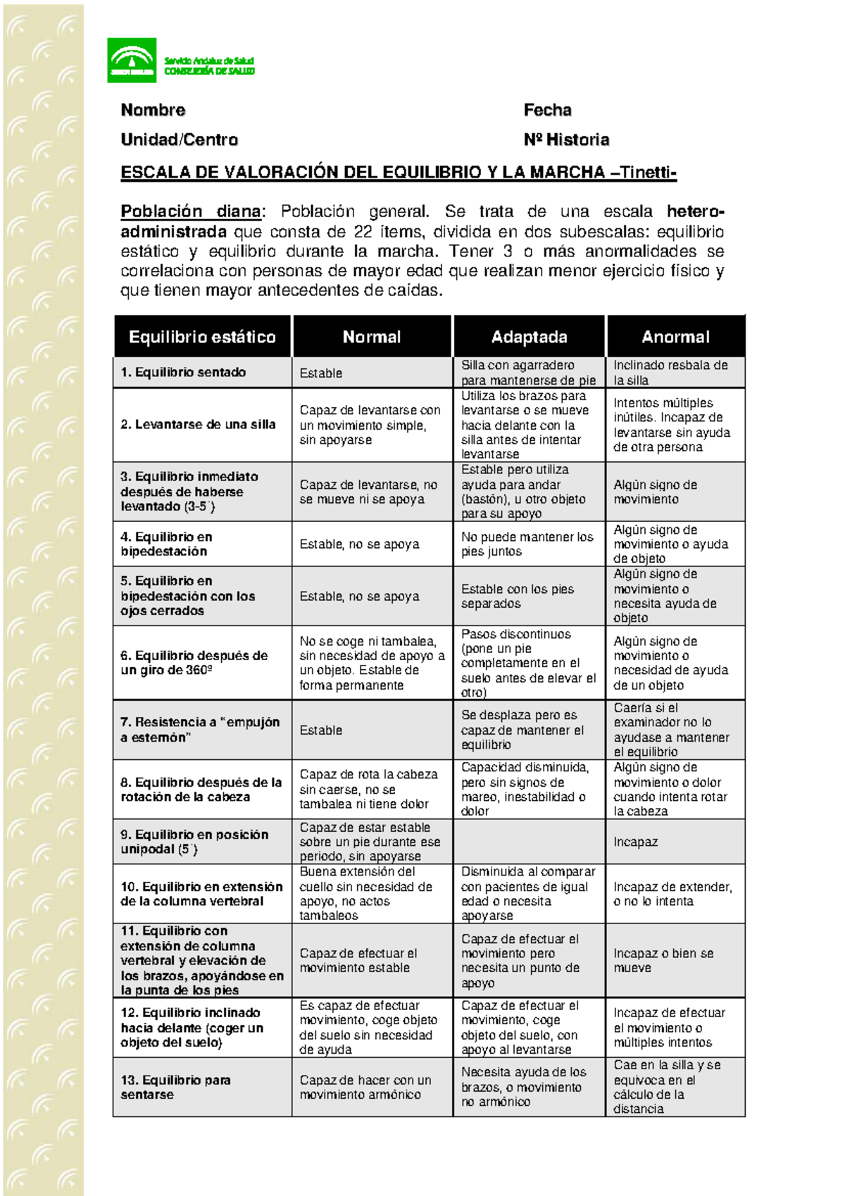 TRES. 5 E4 Escala de Valoración del Equilibrio y la Marcha Tinetti ...