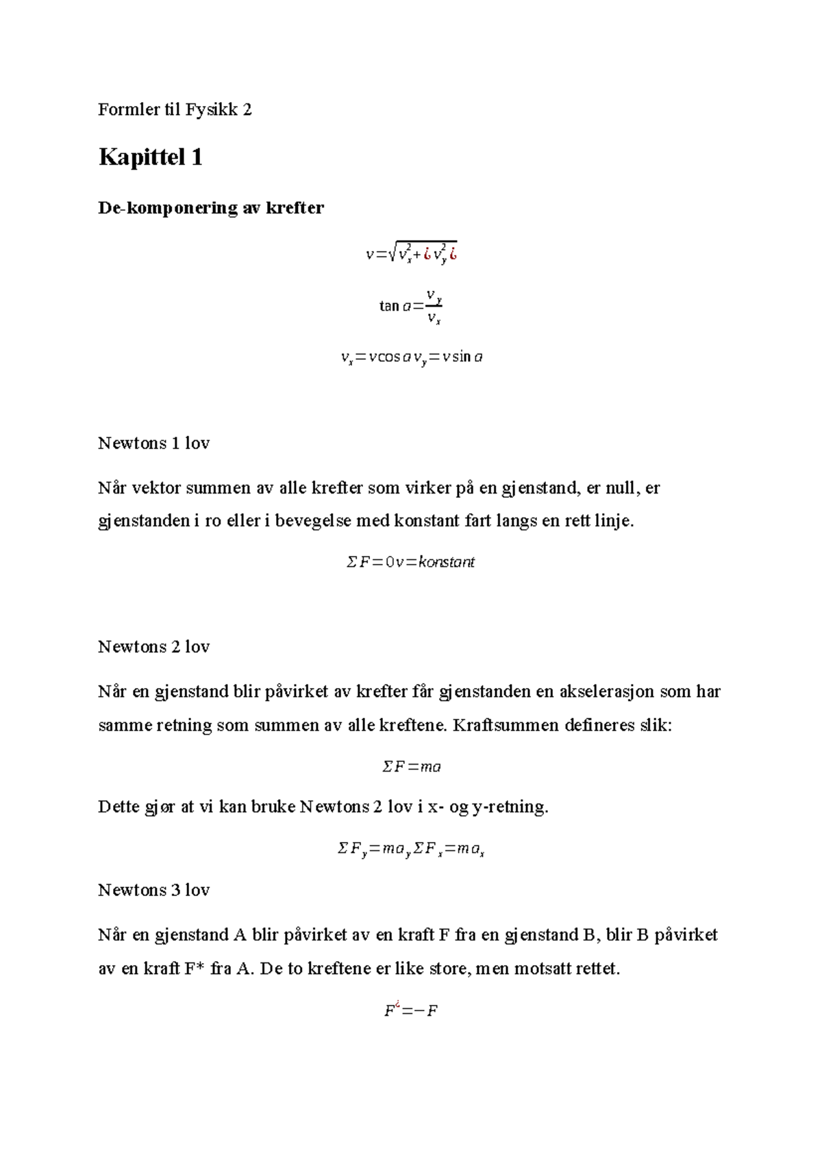 Fysikk 2 Formelark: Sentrale Lover og Beregninger for Kapitler 1-6 ...