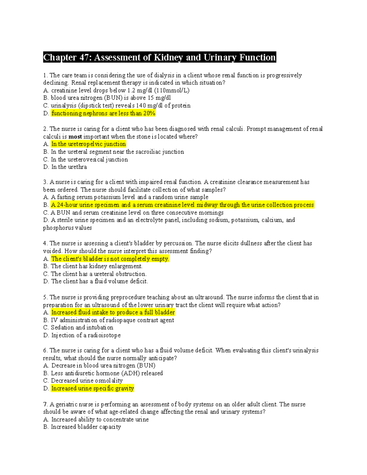 Final TEST OUT - Chapter 47: Assessment of Kidney and Urinary Function ...