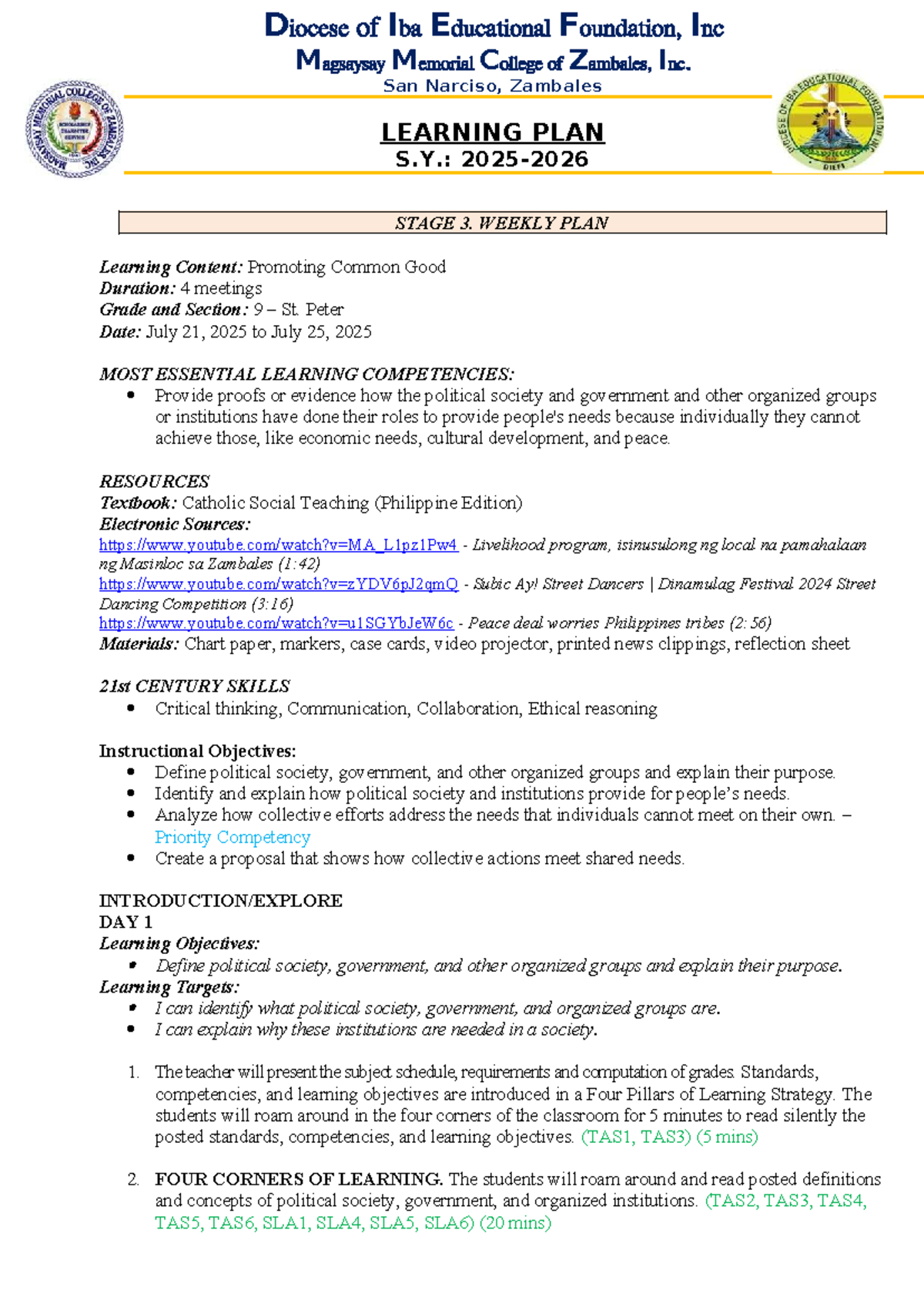 Learning Plan for Grade 9: Promoting Common Good (CL-Week6) - Studocu
