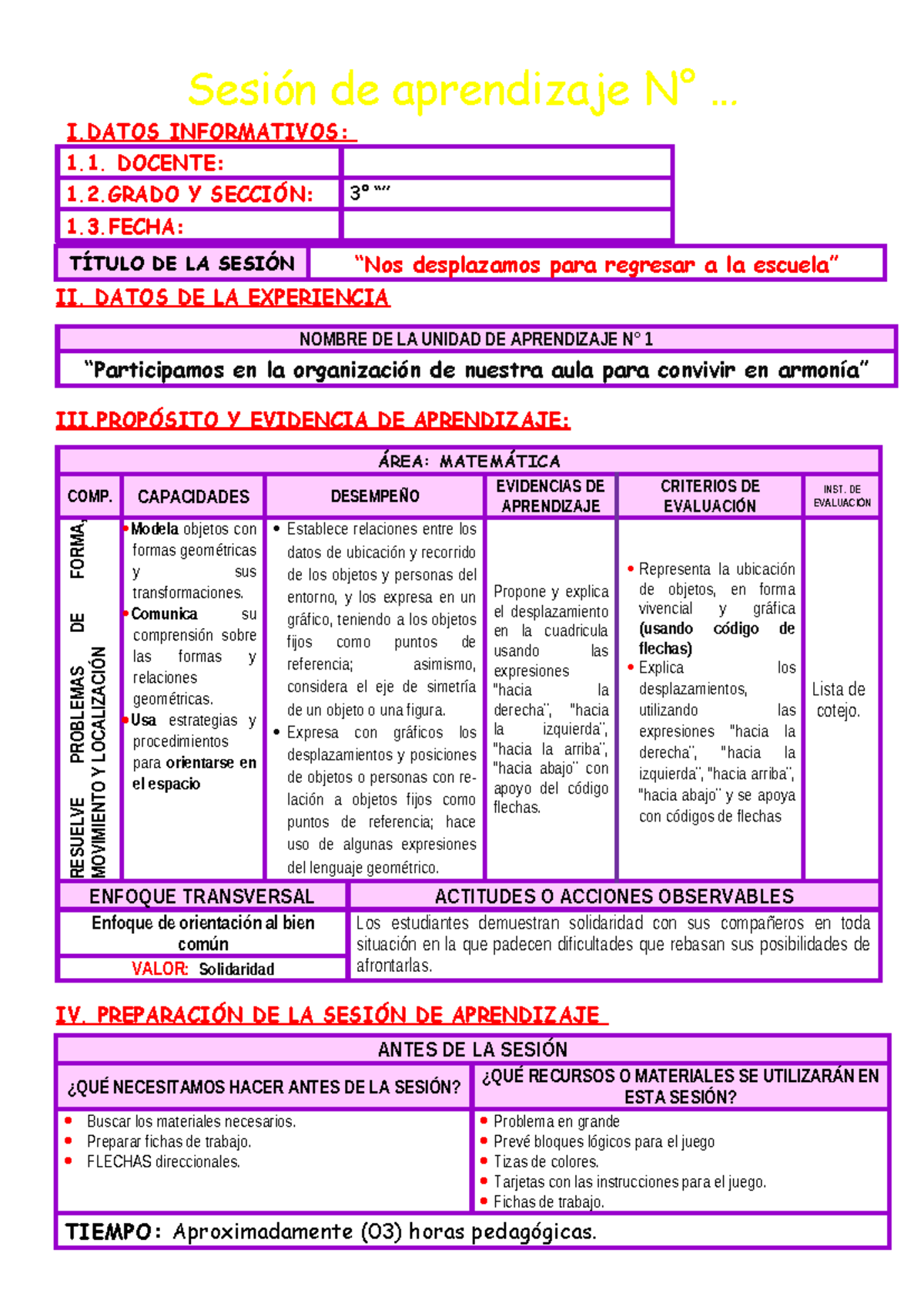 Sesión de Aprendizaje: Desplazamientos en Matemática - I.DATOS ...
