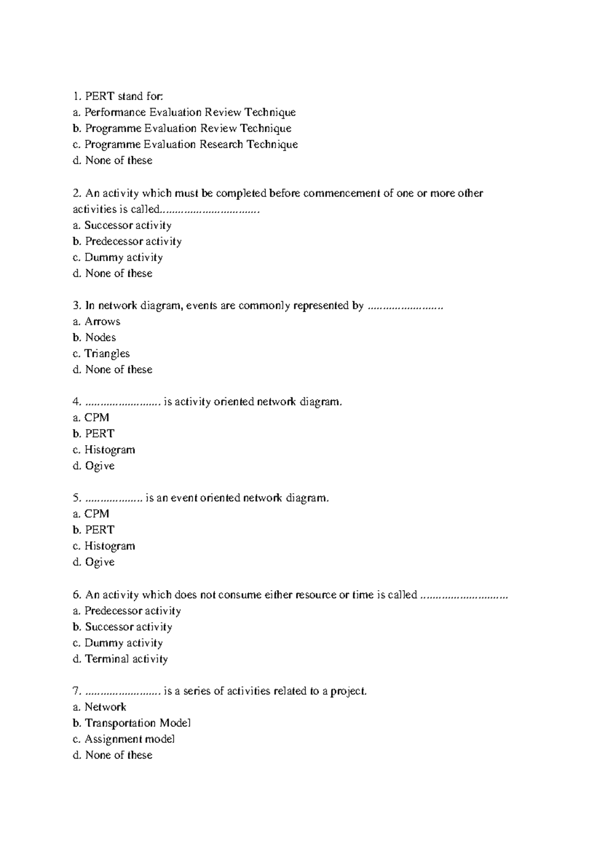 Operations Research OR - PERT & CPM MCQs for Project Analysis - Studocu