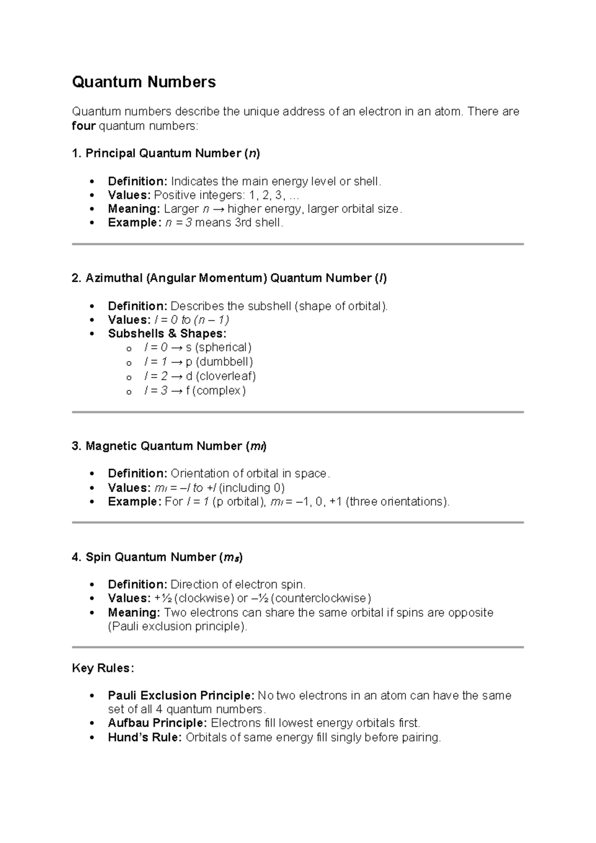 Quantum Numbers and Electron Configuration Notes (CHEM 101) - Studocu