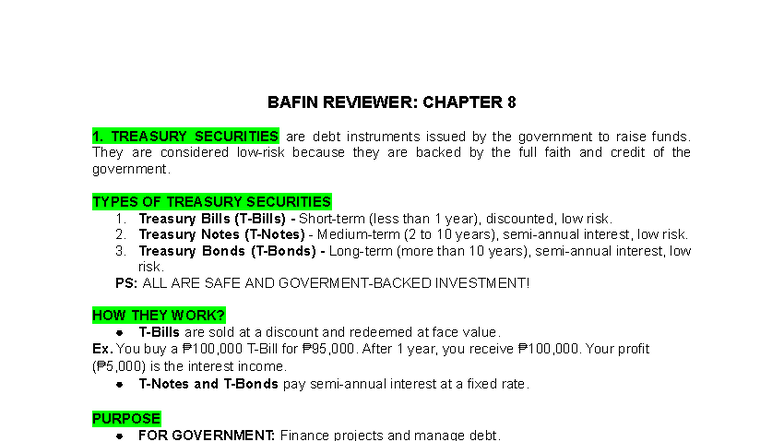 BAFIN REVIEWER: CHAPTER 8 - TREASURY SECURITIES & REPO TRANSACTIONS ...