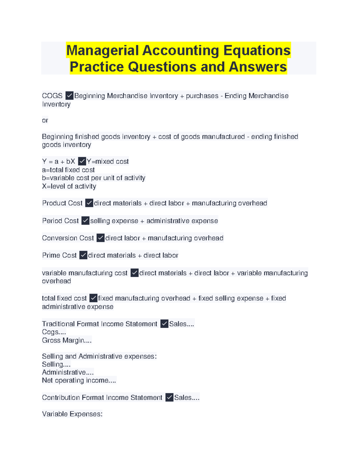 Managerial Accounting Practice Q&A 101: Key Equations & Concepts - Studocu