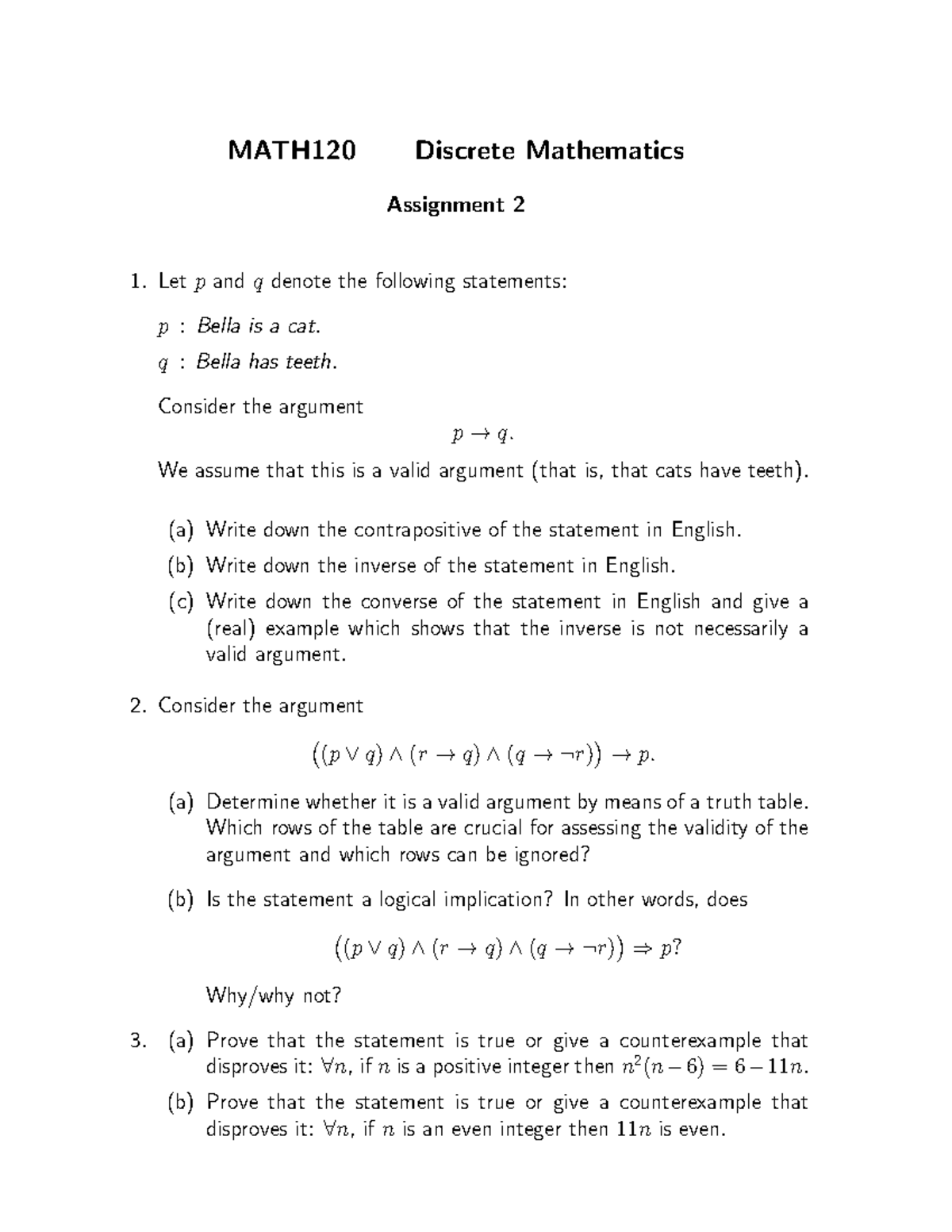 MATH120 Discrete Mathematics Assignment 2: Logic and Proofs - Studocu