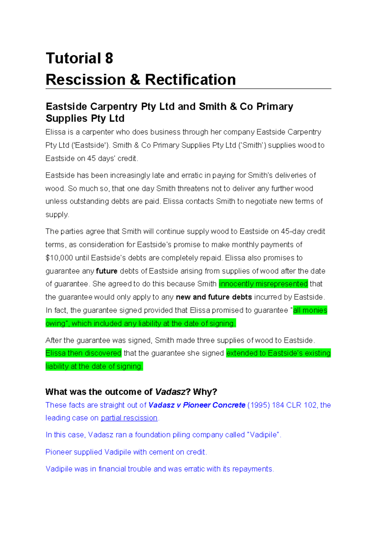 71116 Tutorial 8: Rescission & Rectification in Elissa's Case - Studocu