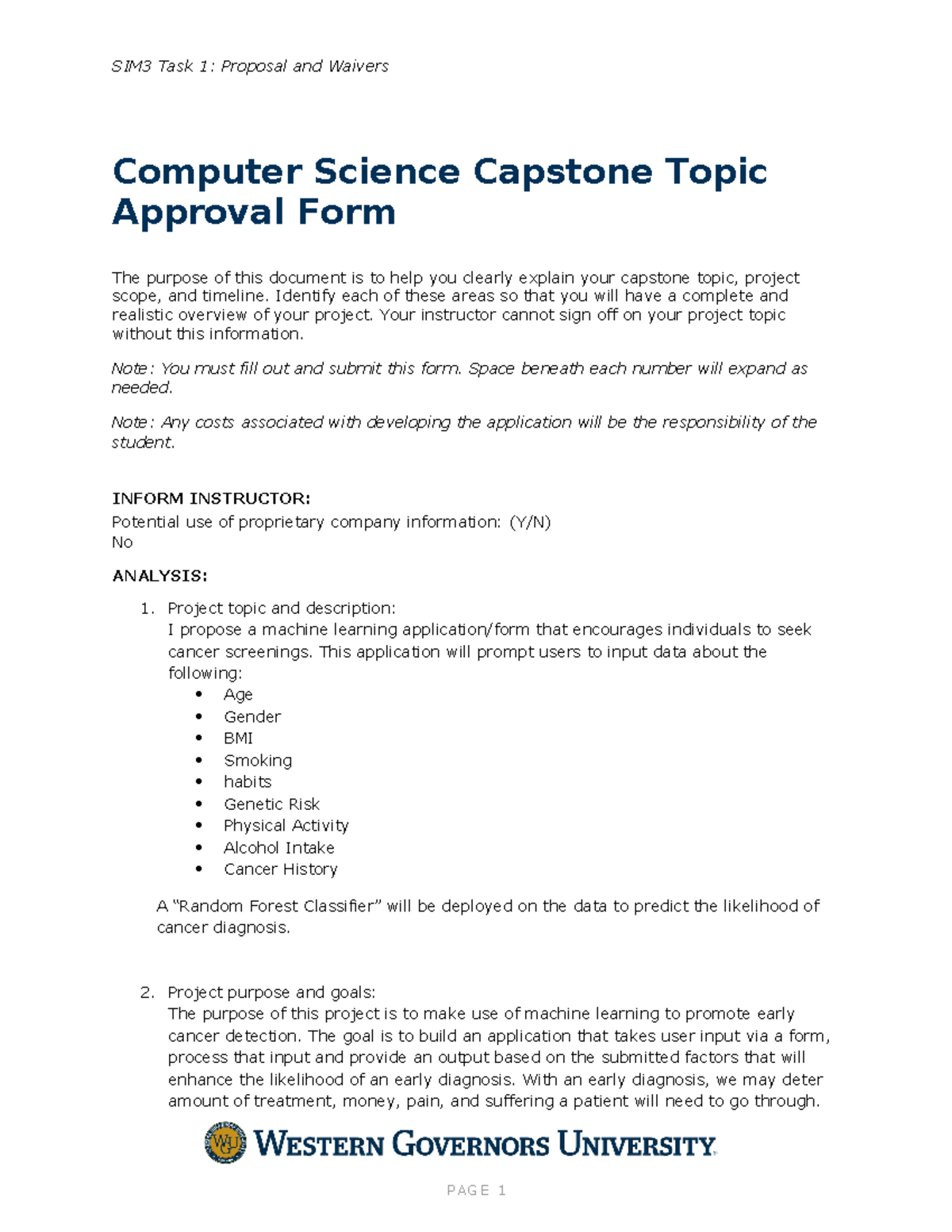 Computer Science Capstone Topic Approval Form - SIM3 Task 1: Proposal and Waivers Computer ...