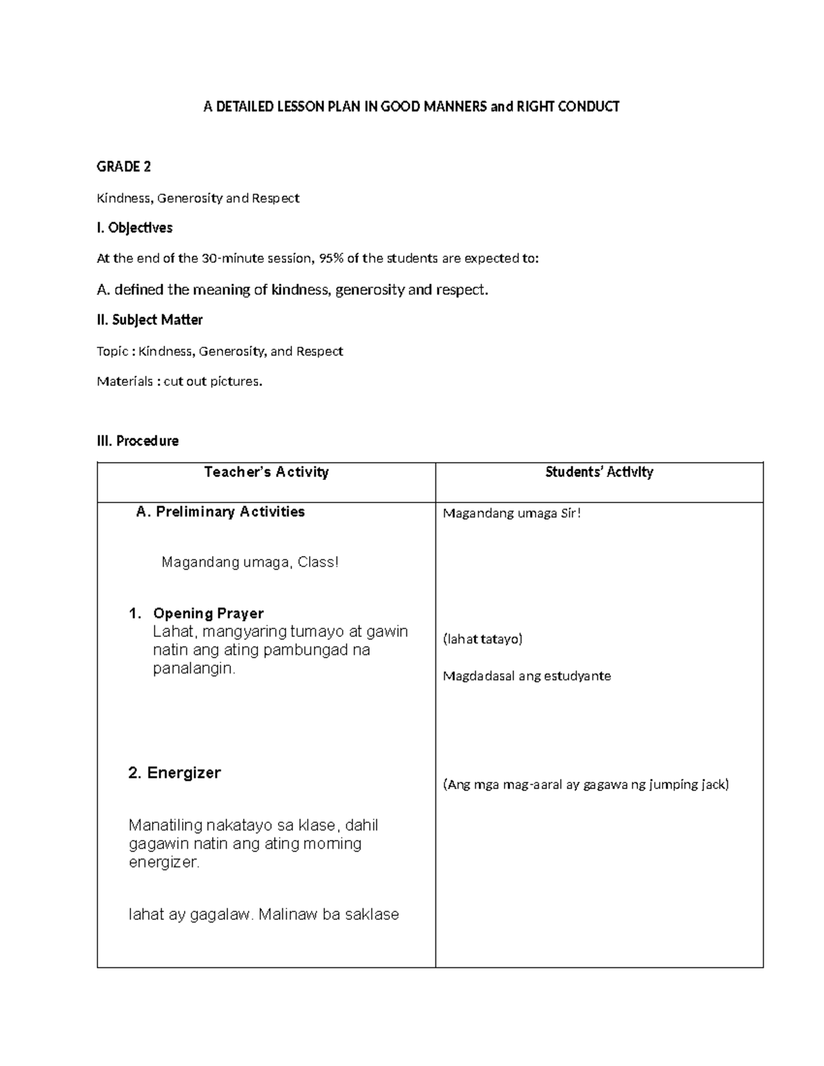 Detailed Lesson Plan on Good Manners & Right Conduct (Grade 2) - Studocu