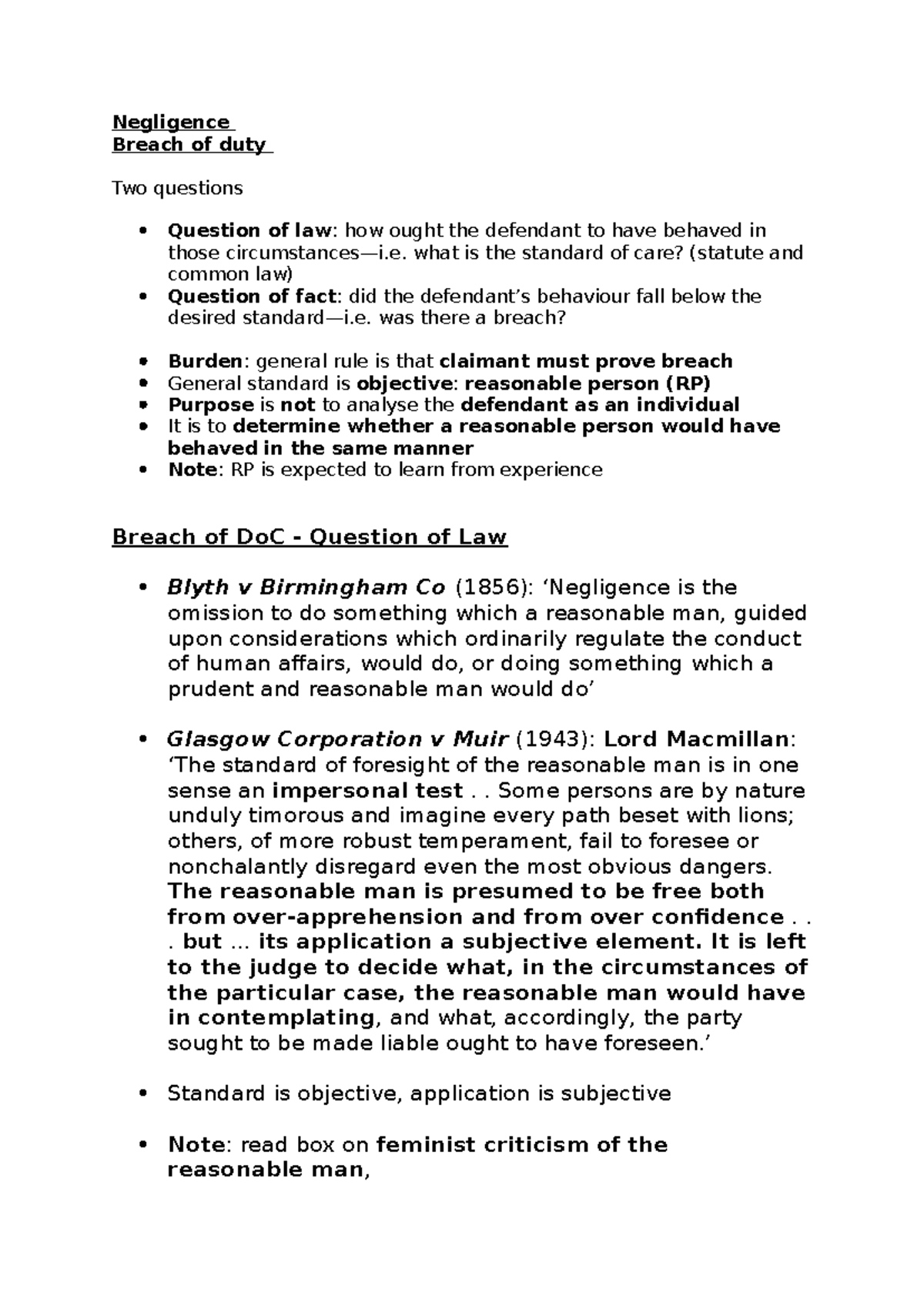 Lecture Notes on Negligence & Breach of Duty (DOC) - Studocu