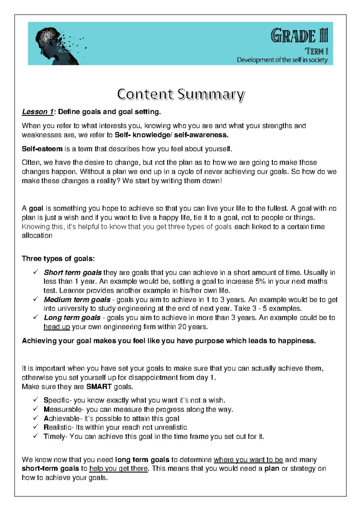 Grade 11 term 1 notes booklet: Goal setting and career choices - Studocu