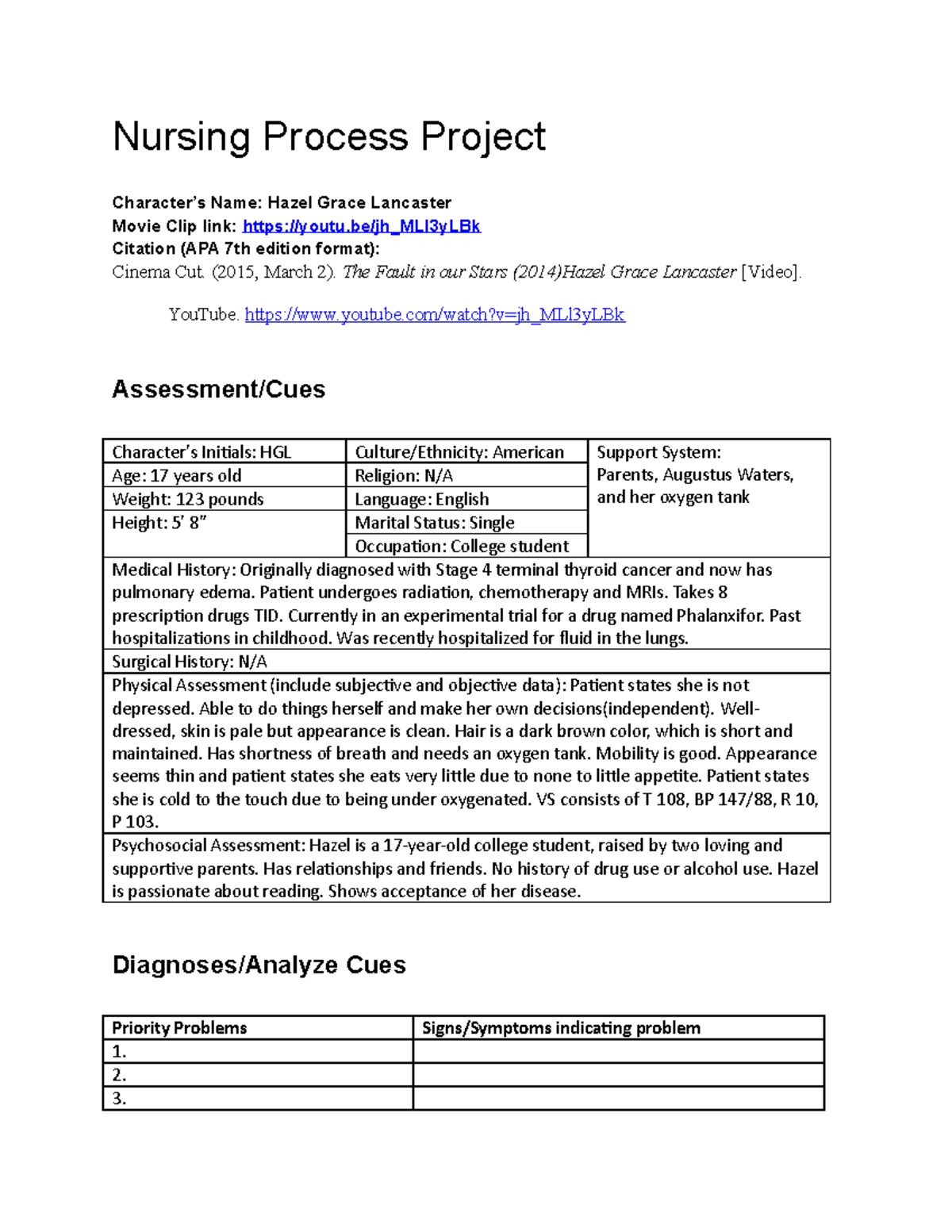 NUR 302 Nursing Process Project for Hazel Grace Lancaster - Studocu