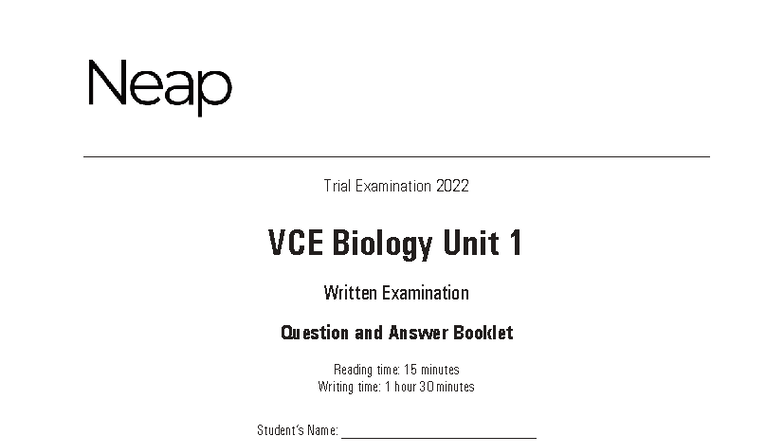 VCE Biology Unit 1 Trial Exam 2022: Question & Answer Booklet - Studocu