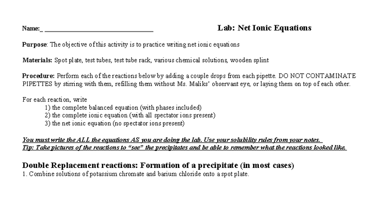 Lab: Net Ionic Equations Practice - Chem Assignment #5 - Studocu