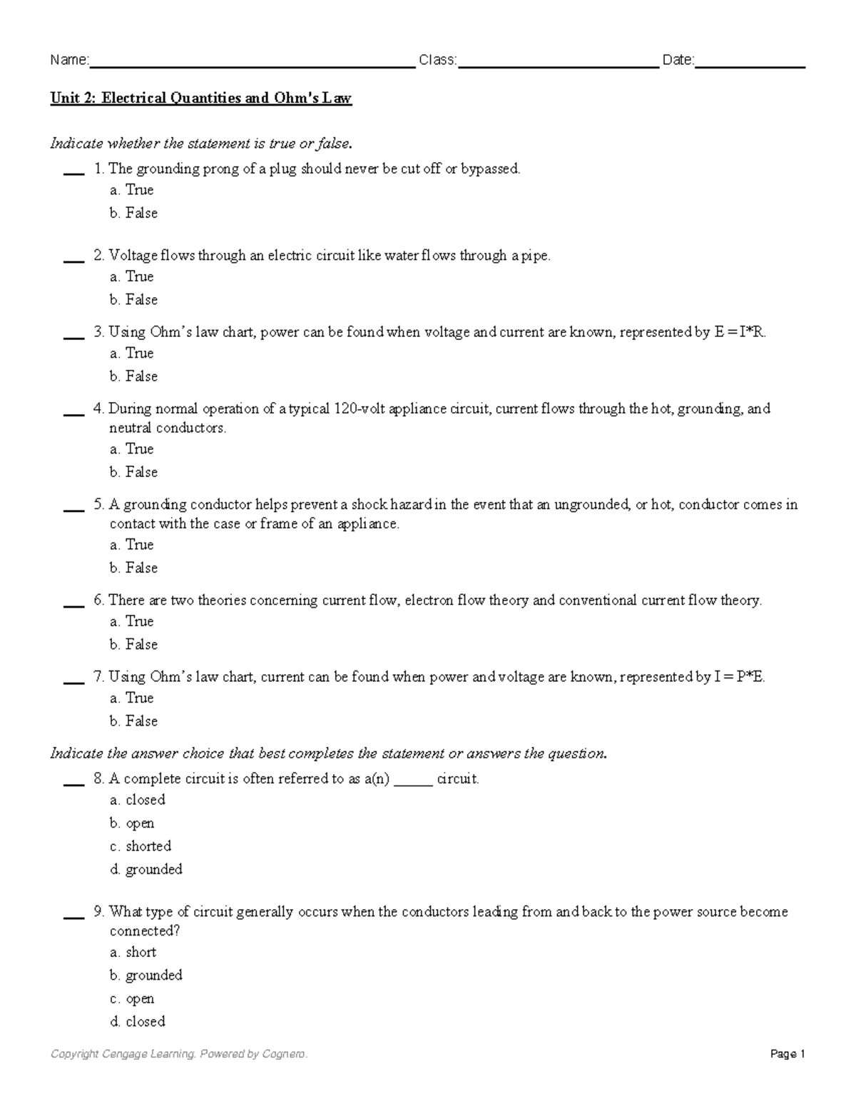 Unit 2 Electrical Quantities and Ohm s Law - Indicate whether the statement is true or false ...