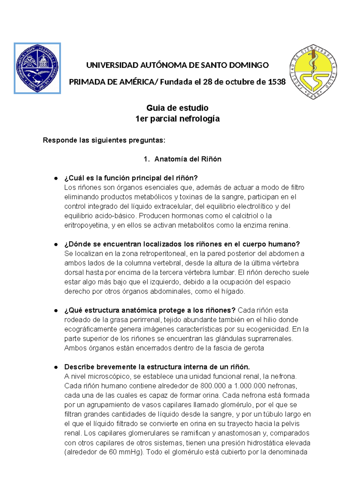 Guía de Estudio para el 1er Parcial de Nefrología (NEF-101) - Studocu