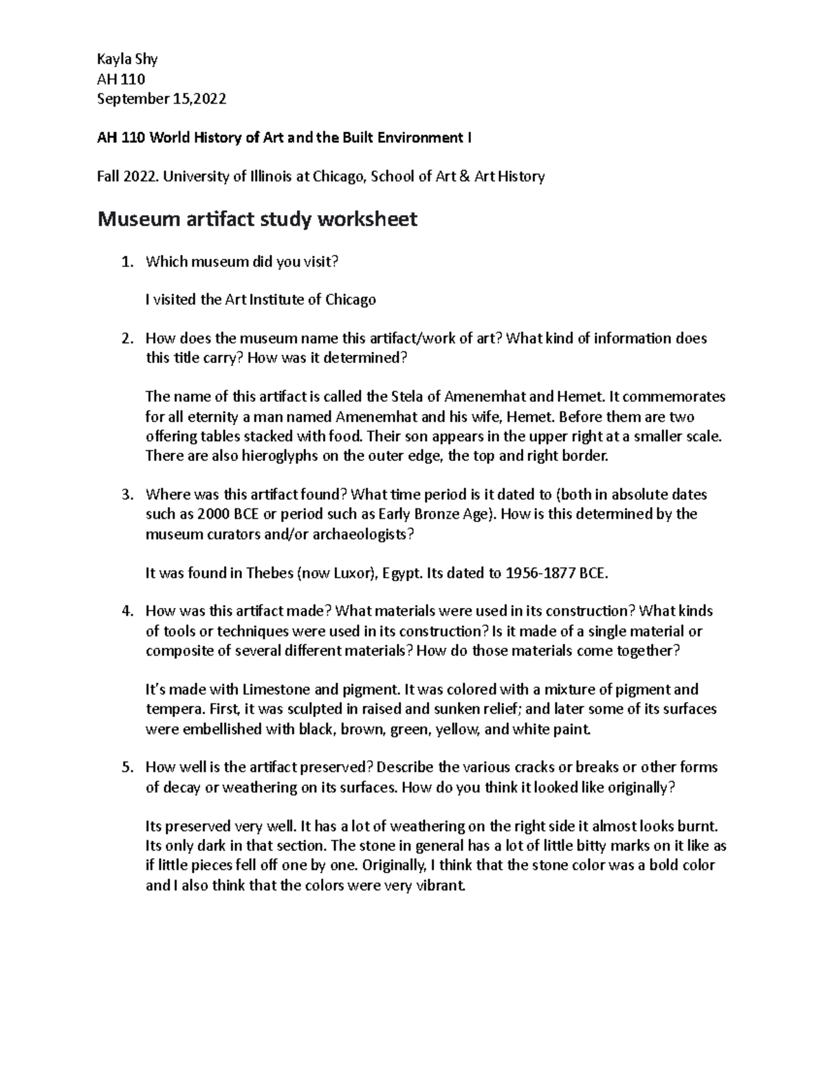 AH 110 Museum Artifact Study Worksheet - Art Institute Insights - Studocu